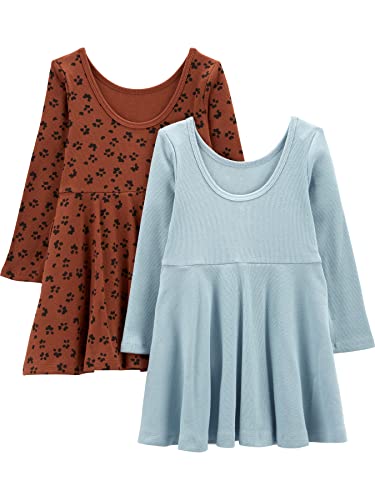 Simple Joys by Carter's Girls' Toddler 2-Pack Stretch Rib Dresses, Brown Animal Print/Dusty Blue, 7