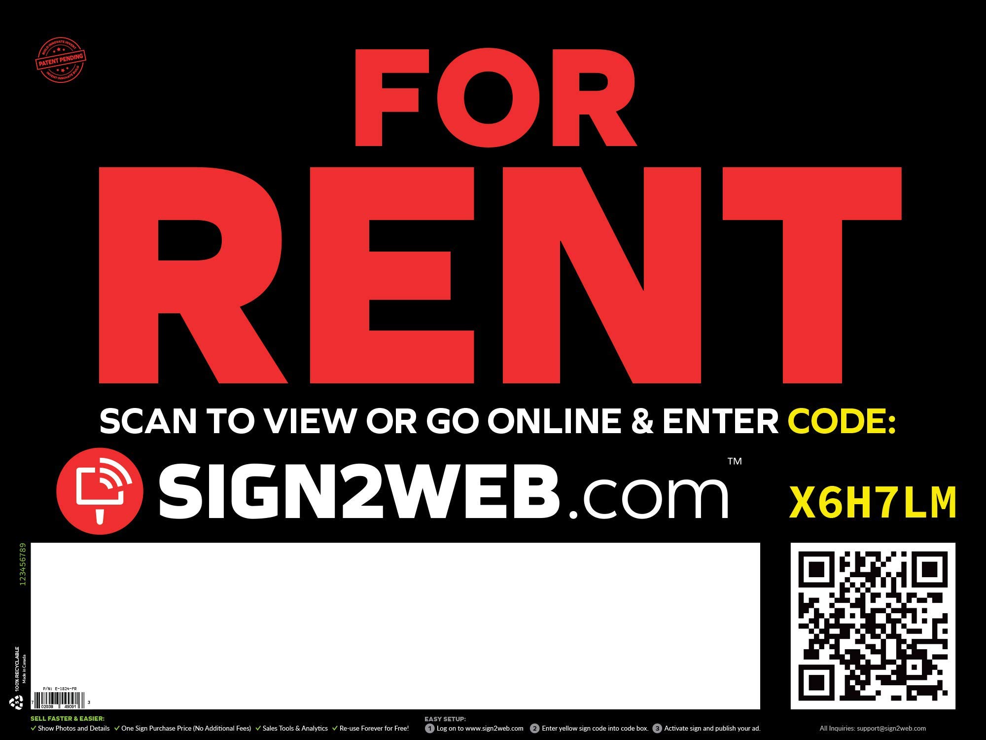 WEB ENABLED For Rent Real Estate Sign - Large 24” x 18” LASER PRINTED High Visibility For Rent Yard Sign - Double Sided House For Rent Sign - THE EVOLVED FOR RENT SIGN SOLUTION!