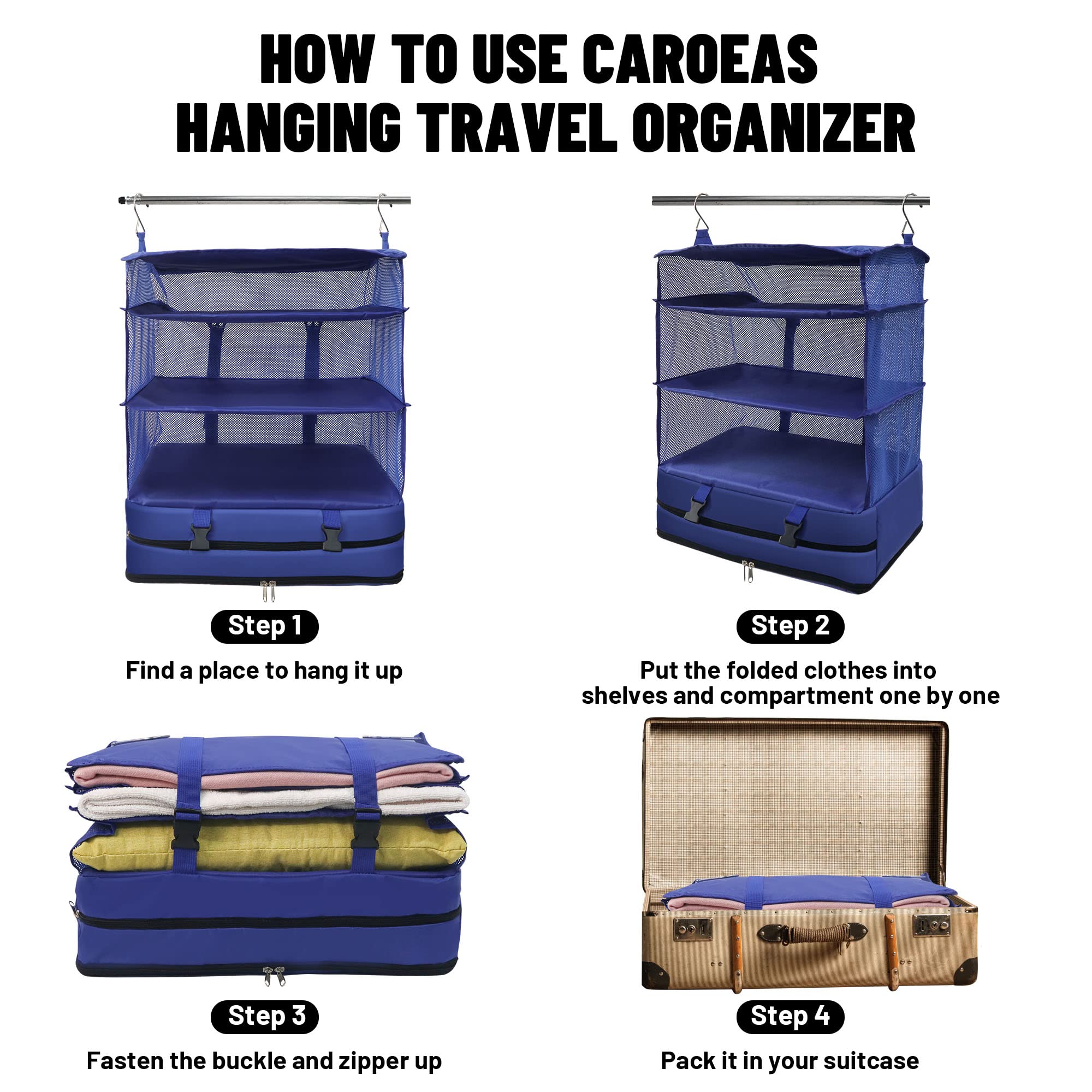 Caroeas Portable Hanging Travel Shelves Bag Suitcase Organizer Carry-on Closet Packing Cubes for Travel, 4-Shelf Suitcase Closet with 2 Hooks, X-Large Capacity, Blue