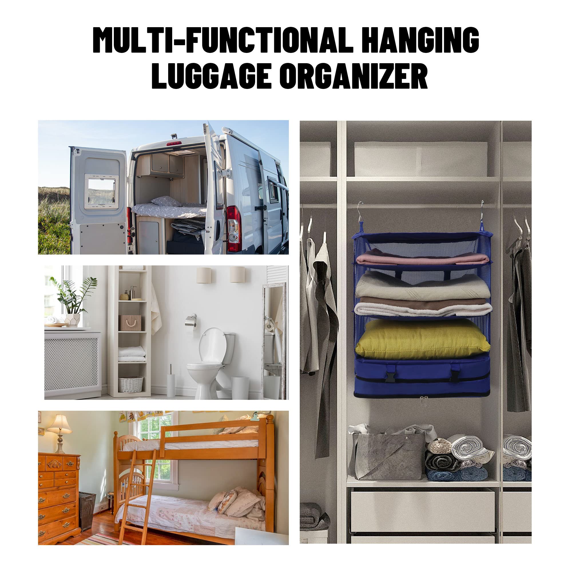 Caroeas Portable Hanging Travel Shelves Bag Suitcase Organizer Carry-on Closet Packing Cubes for Travel, 4-Shelf Suitcase Closet with 2 Hooks, X-Large Capacity, Blue