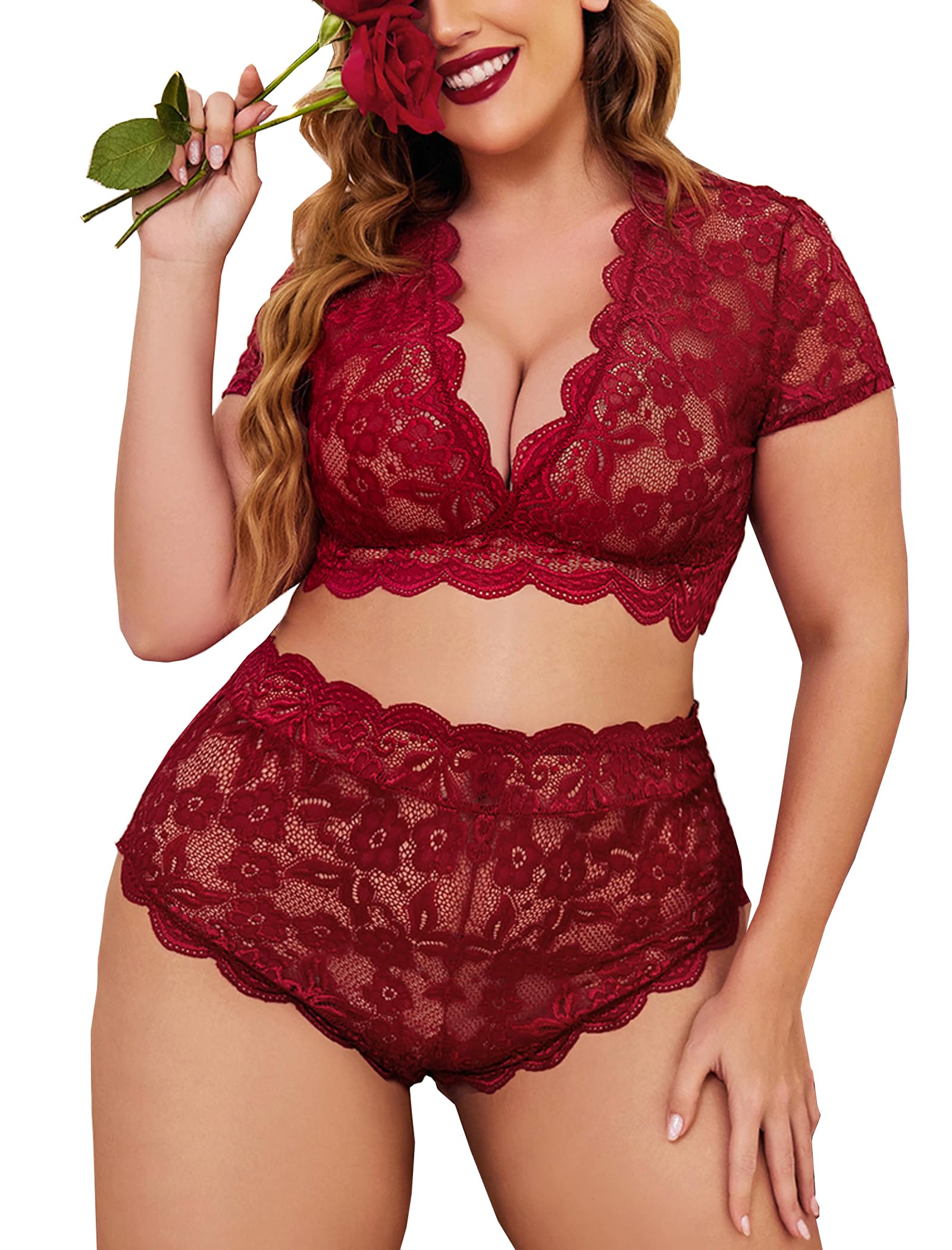 Avidlove Plus Size Lingerie Plus Floral Lace Scallop Trim Lingerie Set Deep V Allover Lace Bra Panties Set Sexy Clubwear (18W, 1 Wine Red)