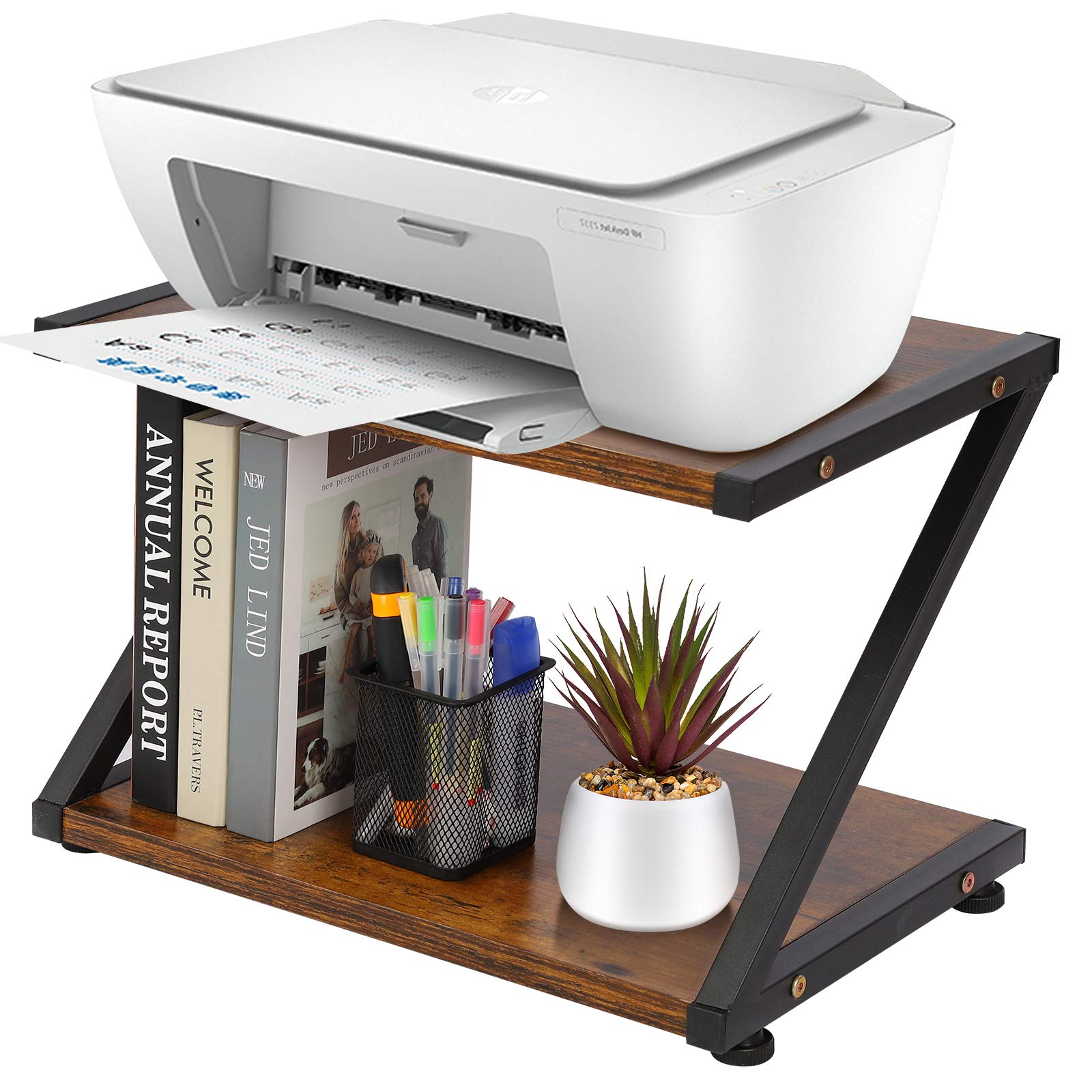 Hossejoy Printer Stand, 2 Tier Desktop Printer Shelves Rack with Anti - Skid Pads for Space Organizer as Storage Shelf, Multi-Purpose Wood Desk Organizer for Home and Office (Rustic Brown)