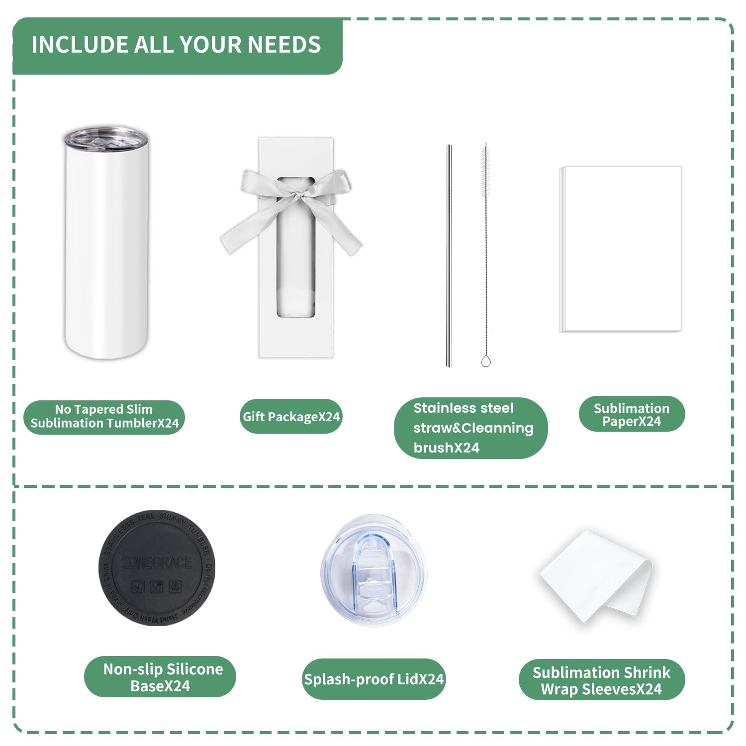 Sublimation Tumblers bulk 20 oz Skinny, 24 Pack Stainless Steel Double Wall Insulated Straight Sublimation Tumbler Cups Blank White with Lid, Straw, Individually Box,Polymer Coating for Heat Transfer