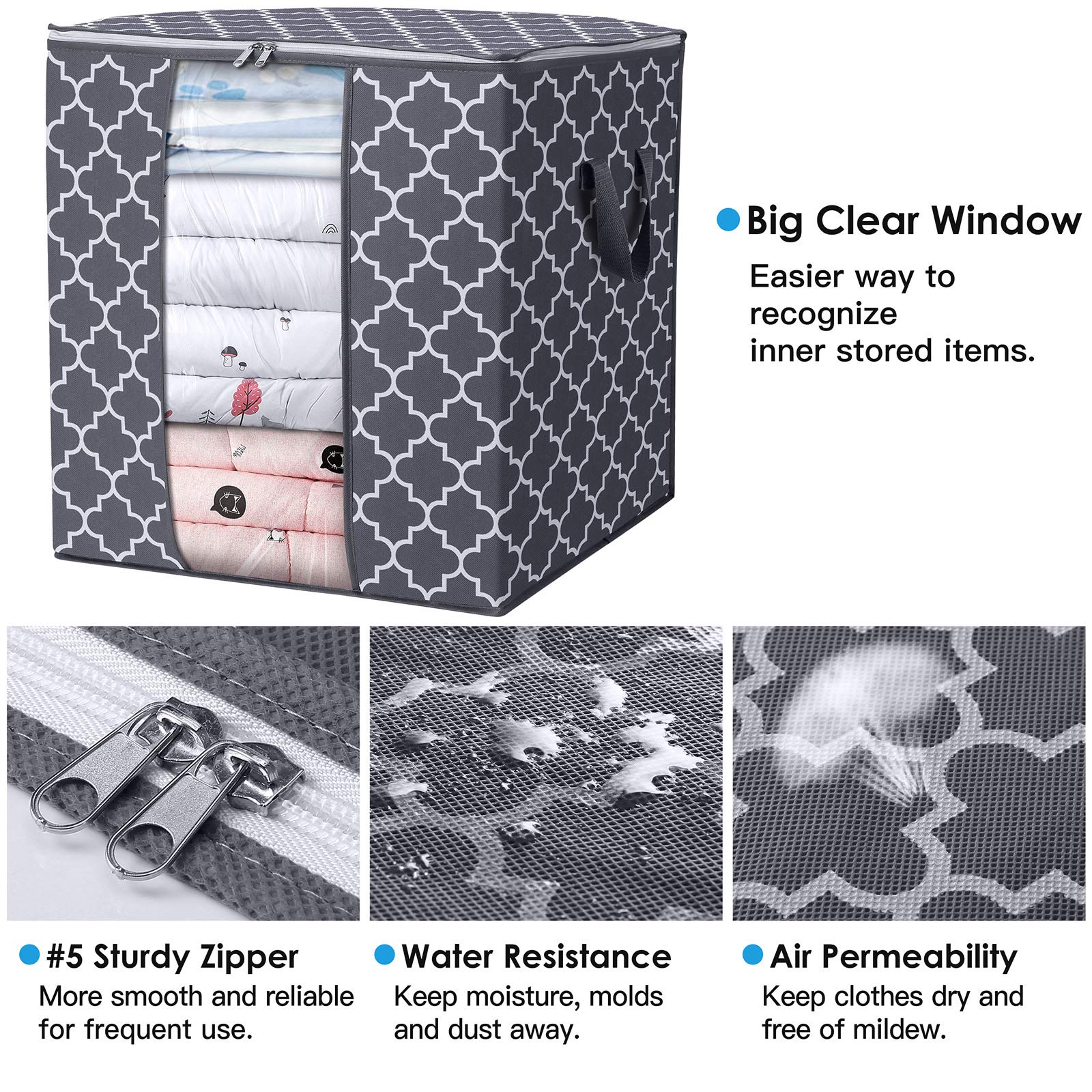 WISELIFE Storage Bags [3 Pack/100L] Large Blanket Clothes Organization and Storage Containers for Comforters,Bedding, Foldable Organizer with Reinforced Handle, Clear Window, Sturdy Zippers,Gray
