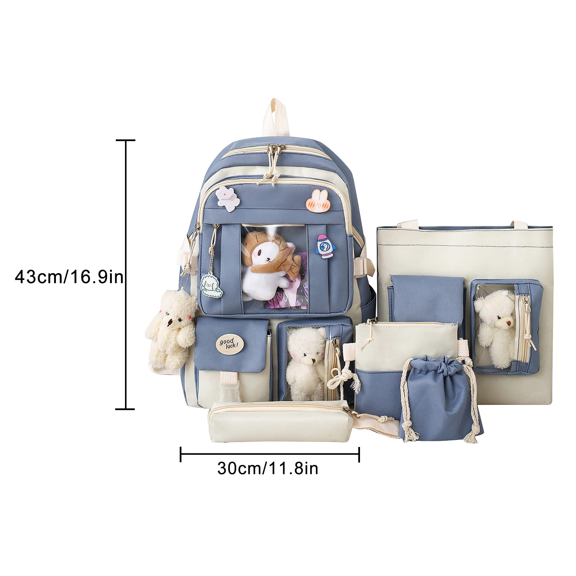 Cute Backpack with Cute Plushes and Pins 5Pcs Set Cute Travel Rucksack School Bag Aesthetic Backpack for Girls