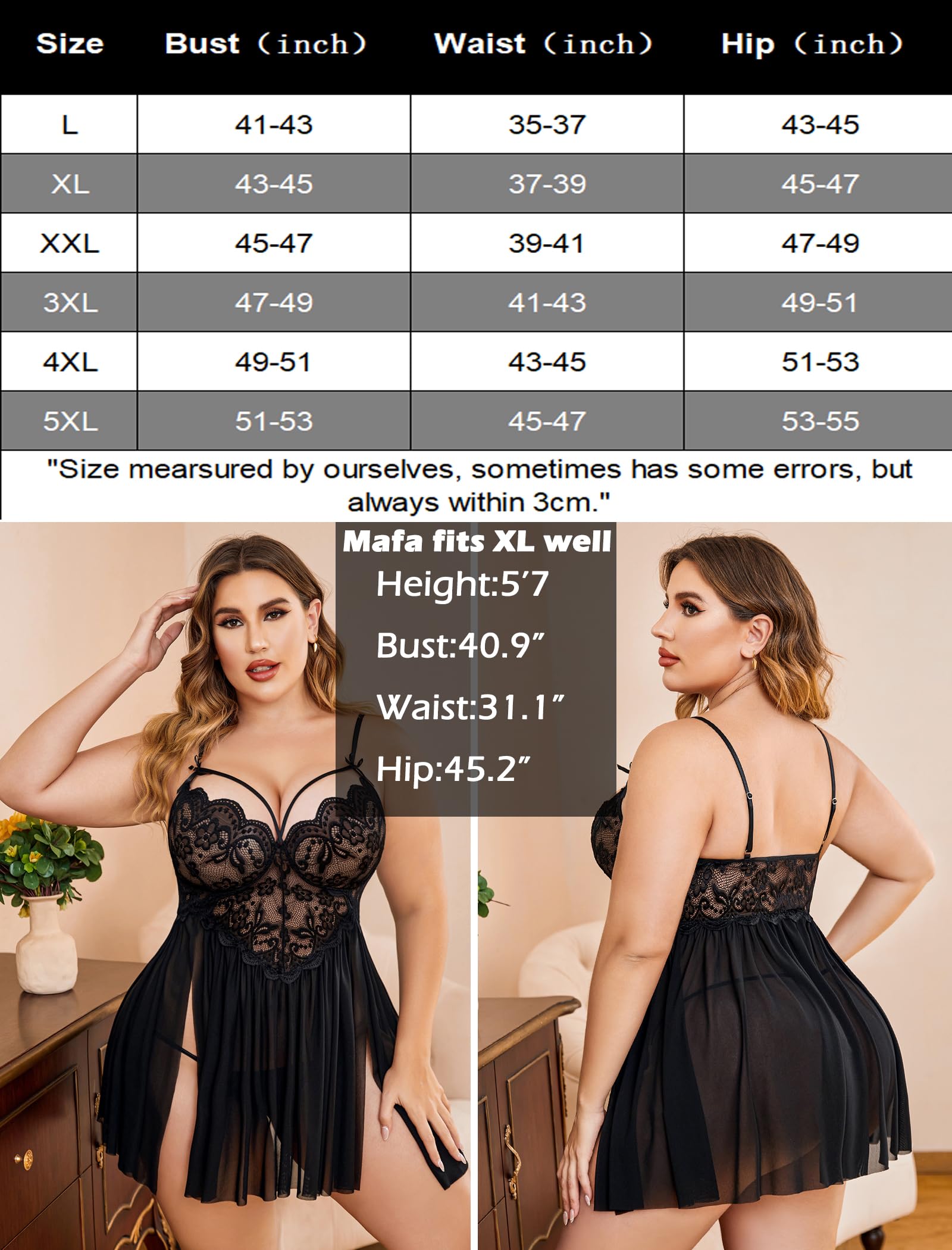 Avidlove Womens Plus Size Lingerie Lace Babydoll Strap Chemise Nightwear V Neck Sleepwear Side Slit Nighties Black