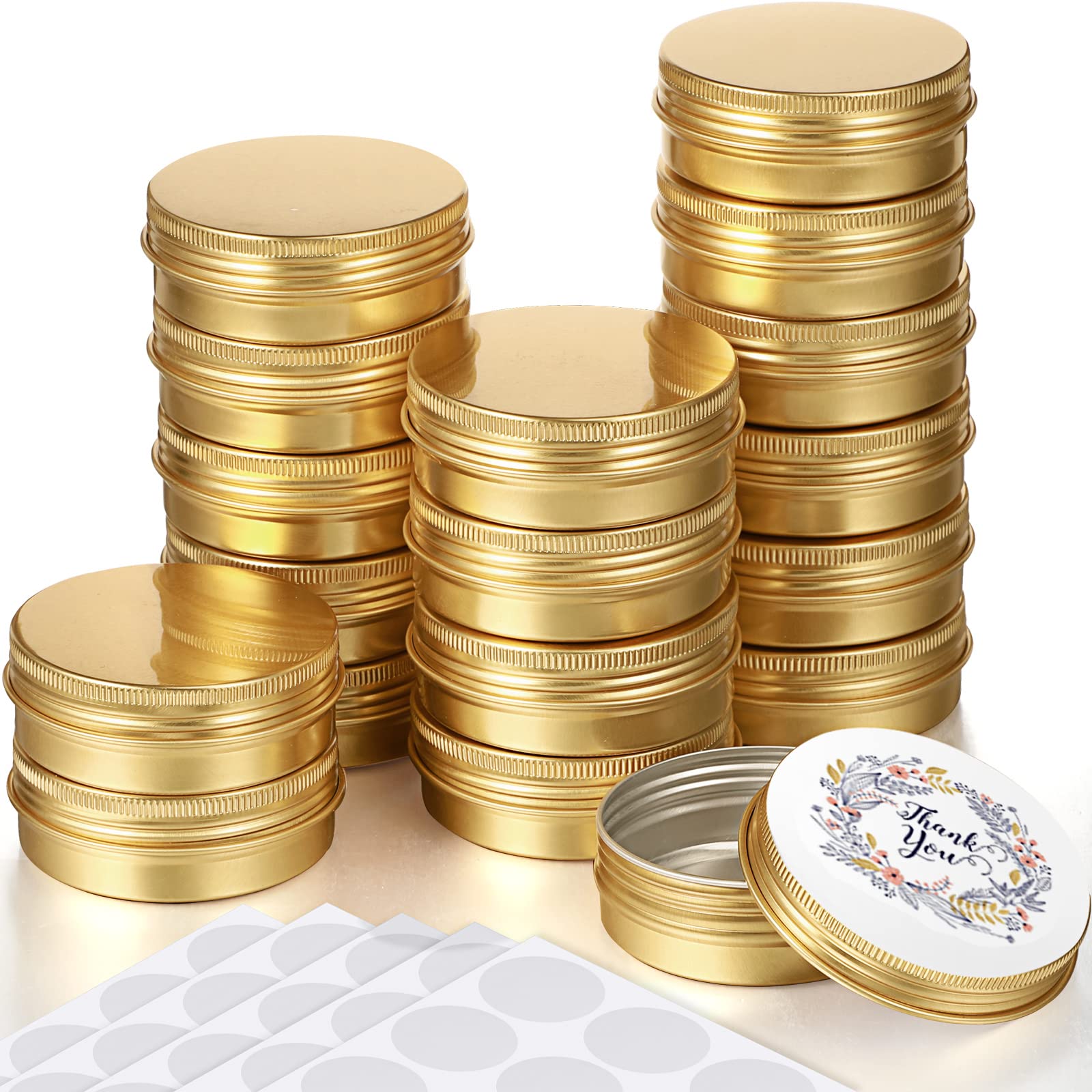 2 oz Salve Tins Metal Tins with Lids Round Tins Containers Candies Tins with 10 Sheets Stickers for Salve Spice Candies Candles Kitchen Office Storage (Gold, 36 Pieces)