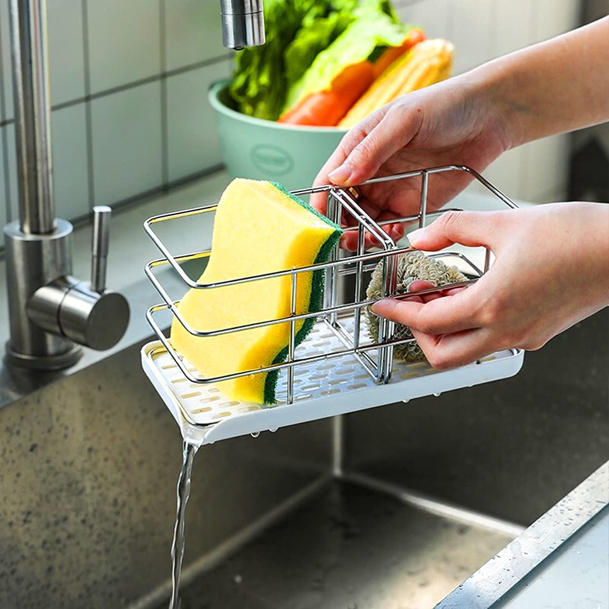 PFCTRJR Steel Kitchen Sponge Holder,Kitchen Sink Organizer Sink Caddy, Dish Brush Soap Holder Kitchen Sink Counter (Black)
