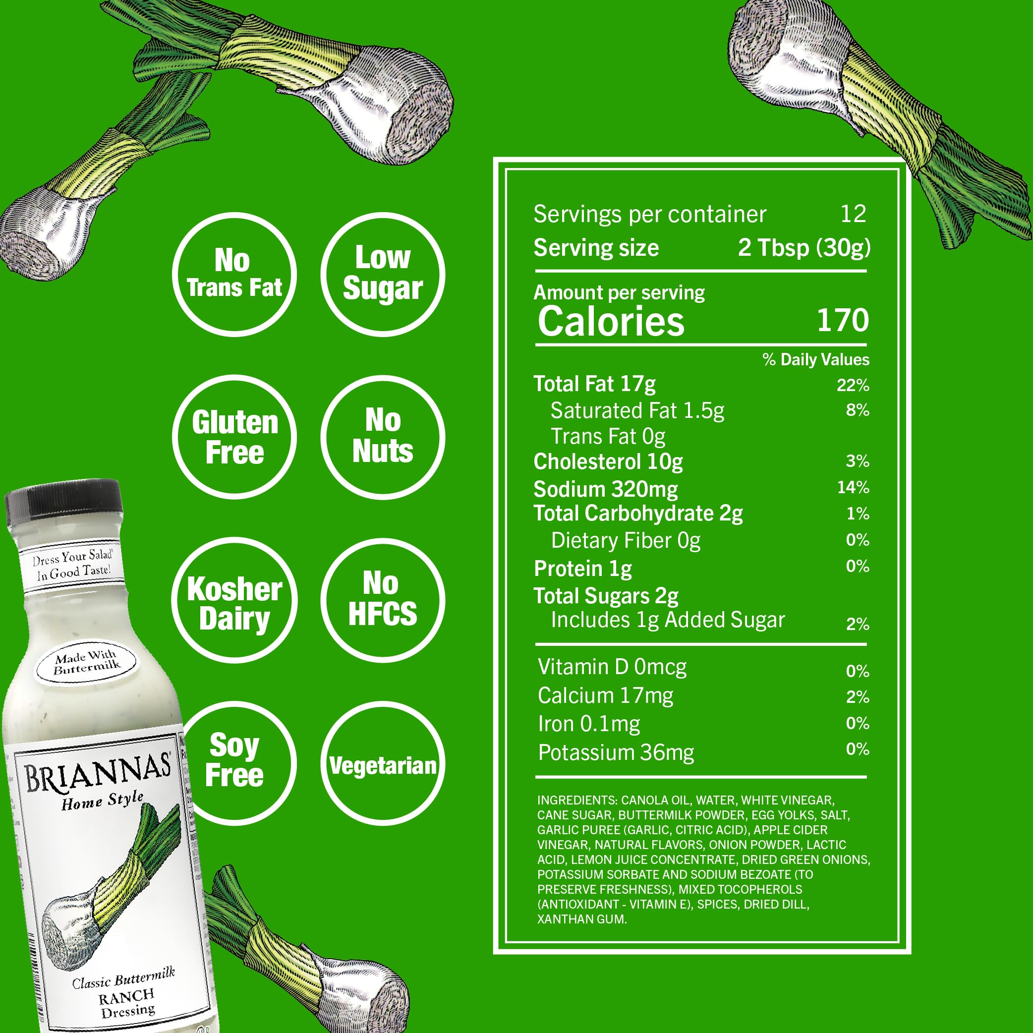 BRIANNAS - Home Style Classic Buttermilk Ranch Dressing – Fine Salad Dressing made with Premium Ingredients - Gluten Free, Kosher, & Low Sugar Dressing - 12 oz. Bottle