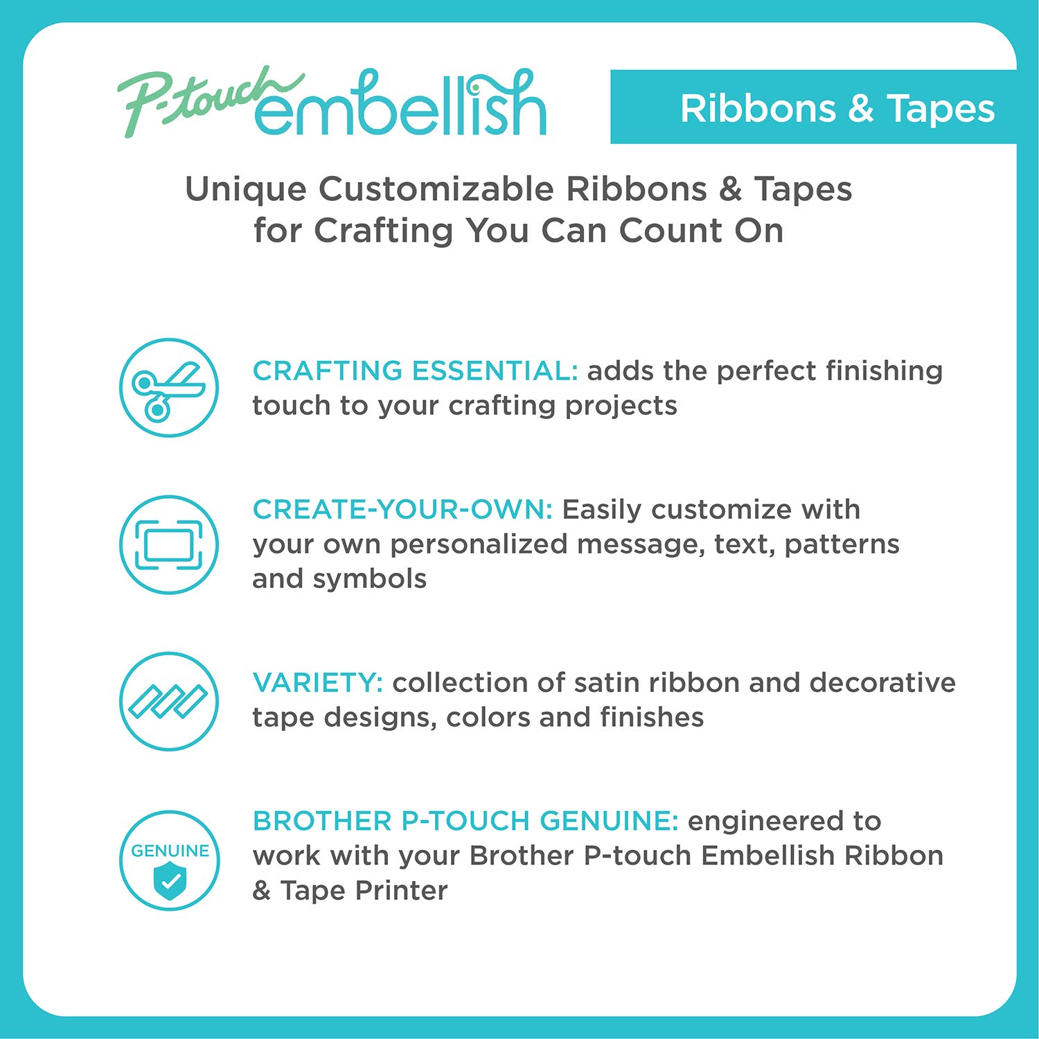 Brother P-touch Embellish Gold Print on White Satin Ribbon TZER234 – ~½” Wide x ~13.1’ Long for use with P-touch Embellish Ribbon & Tape Printer