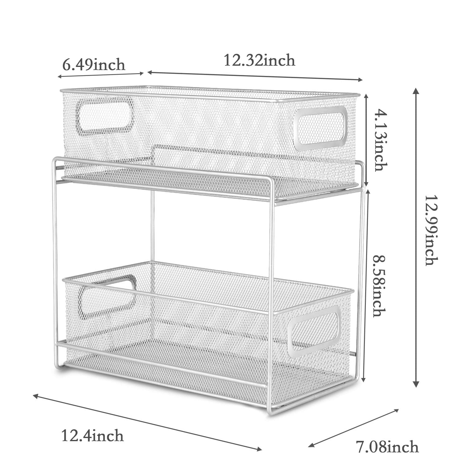 Artestia Under Sink Organizers and Storage Pull Out Drawers 2 Tiers Mesh Sliding Bathroom Cabinet Organizers Baskets Multipurpose Storage Shelf for Bathroom Kitchen, Silver