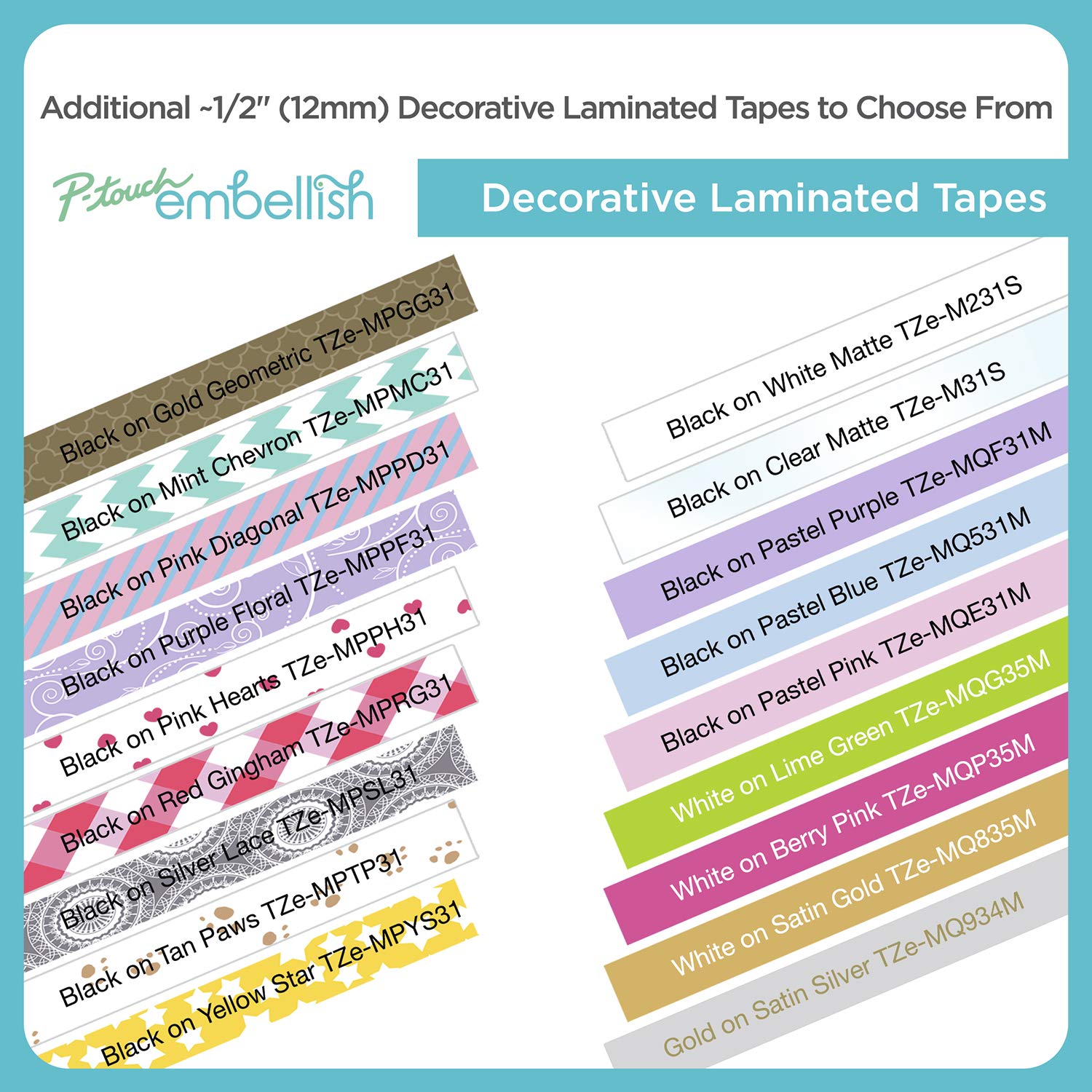 Brother P-touch Embellish Gold Print on White Satin Ribbon TZER234 – ~½” Wide x ~13.1’ Long for use with P-touch Embellish Ribbon & Tape Printer