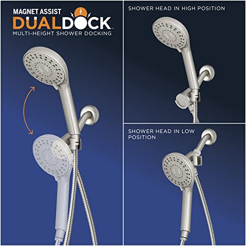 Waterpik Magnetic Dual Dock Adjustable Height Hand Held Shower Head With 5-Foot Metal Hose and PowerPulse Shower Massage, Brushed Nickel QMP-869ME