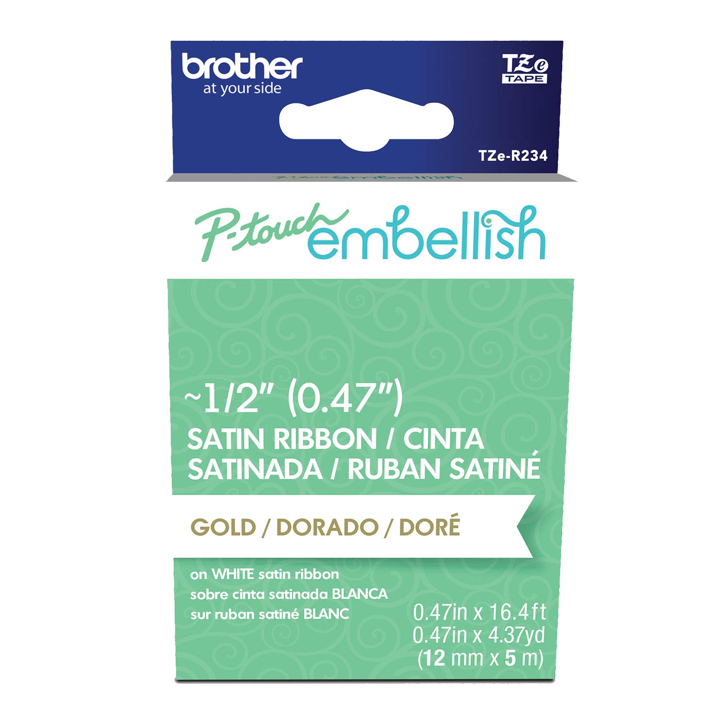 Brother P-touch Embellish Gold Print on White Satin Ribbon TZER234 – ~½” Wide x ~13.1’ Long for use with P-touch Embellish Ribbon & Tape Printer