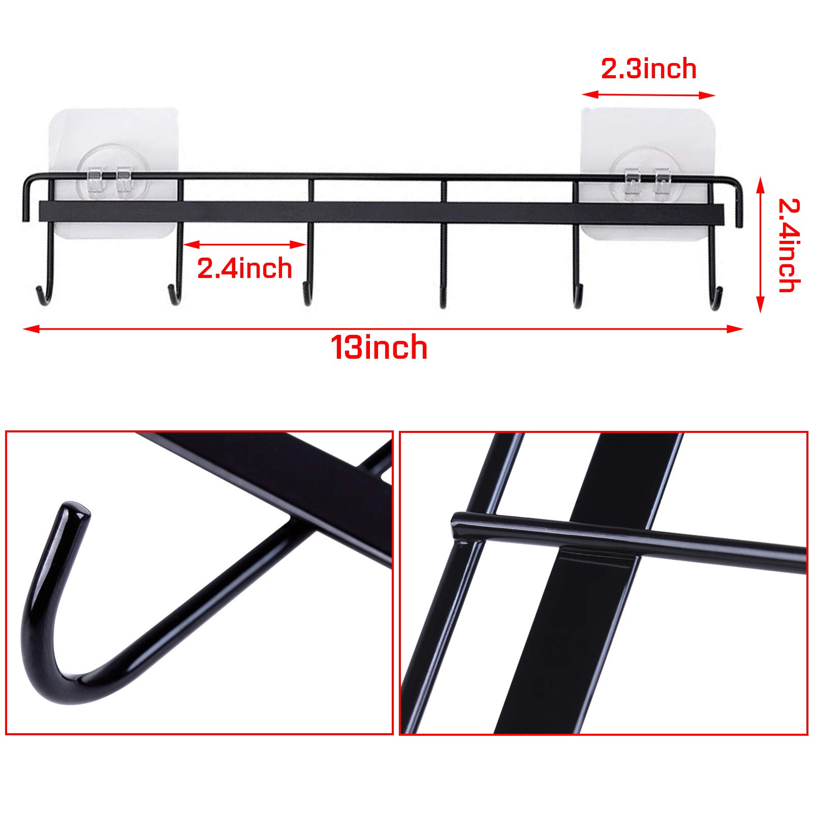 Rainmae 2 Pack Kitchen Adhesive Wall Hooks Rack Rail, Space Saving Wall Hanger No Drilling Hanger with 6 Hooks for Kitchen Bathroom Bedroom Closet Stainless Kitchen Tools for Hanging Knives, Spoon