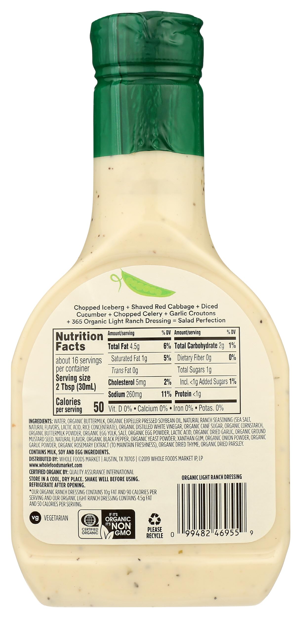 365 by Whole Foods Market, Dressing Ranch Light Organic, 16 Fl Oz