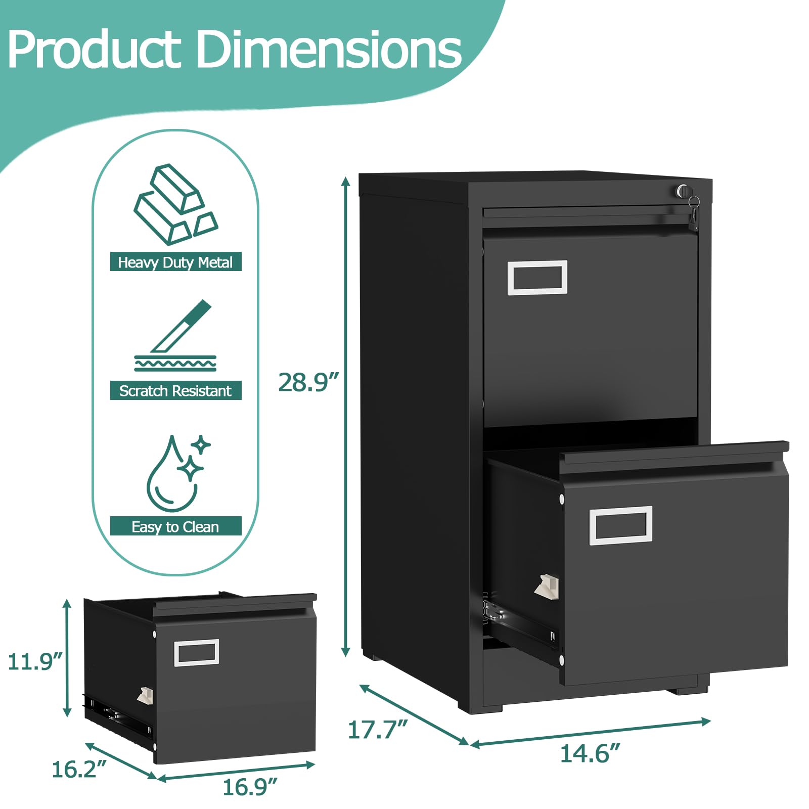 GREATMEET 3 Drawer Mobile File Cabinet with Lock,Under Desk Drawer Metal Filing Cabinet for Legal/Letter Size,Fully Assembled Black