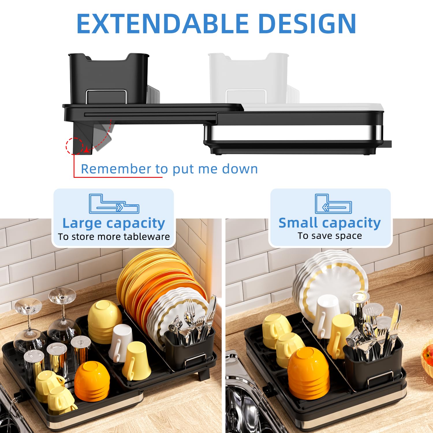 G-TING Dish Drying Rack, Expandable (11.8"-20.5") Large Capacity Dish Rack, Dish Drainer with Stainless Steel Cutlery Rack and Cutlery Bucket, Drying Rack for Kitchen Counter