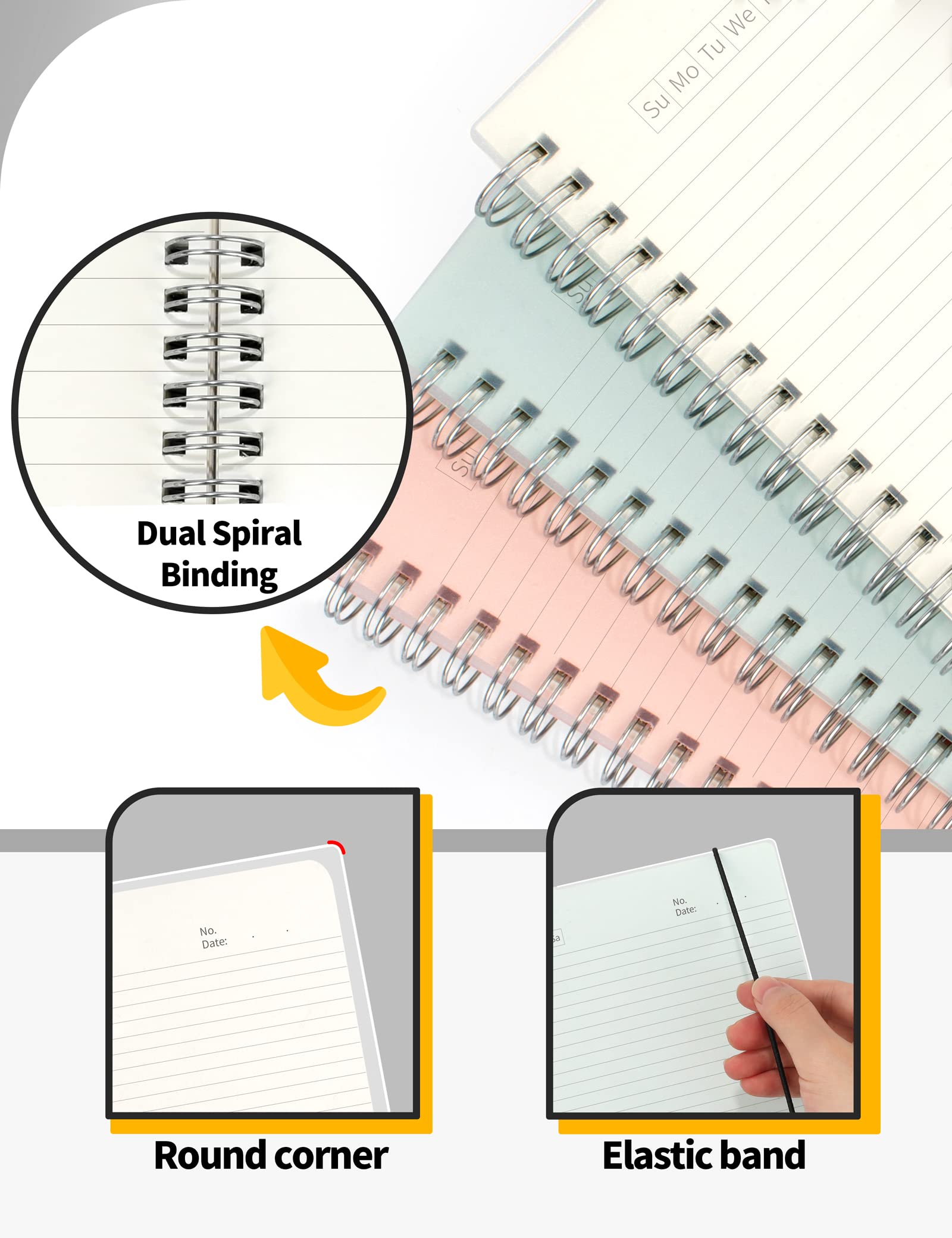 SUNEE 3 Pack Spiral Notebook - A5 Lined Journal Notebook, 120gsm Thick Paper, College Ruled, Giftable Journal for Study and Notes 80 Sheets, 5.7" x 8.3", Blue, Pink, Transparent
