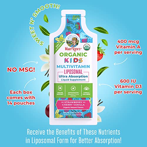 Multivitamin for Kids USDA Organic | Sugar Free Kids Multivitamin | Liquid Vitamins for Kids | Immune Support Supplement | Cognitive Health & Overall Wellness | Vegan | 14-0.5 Fl Oz Pouches