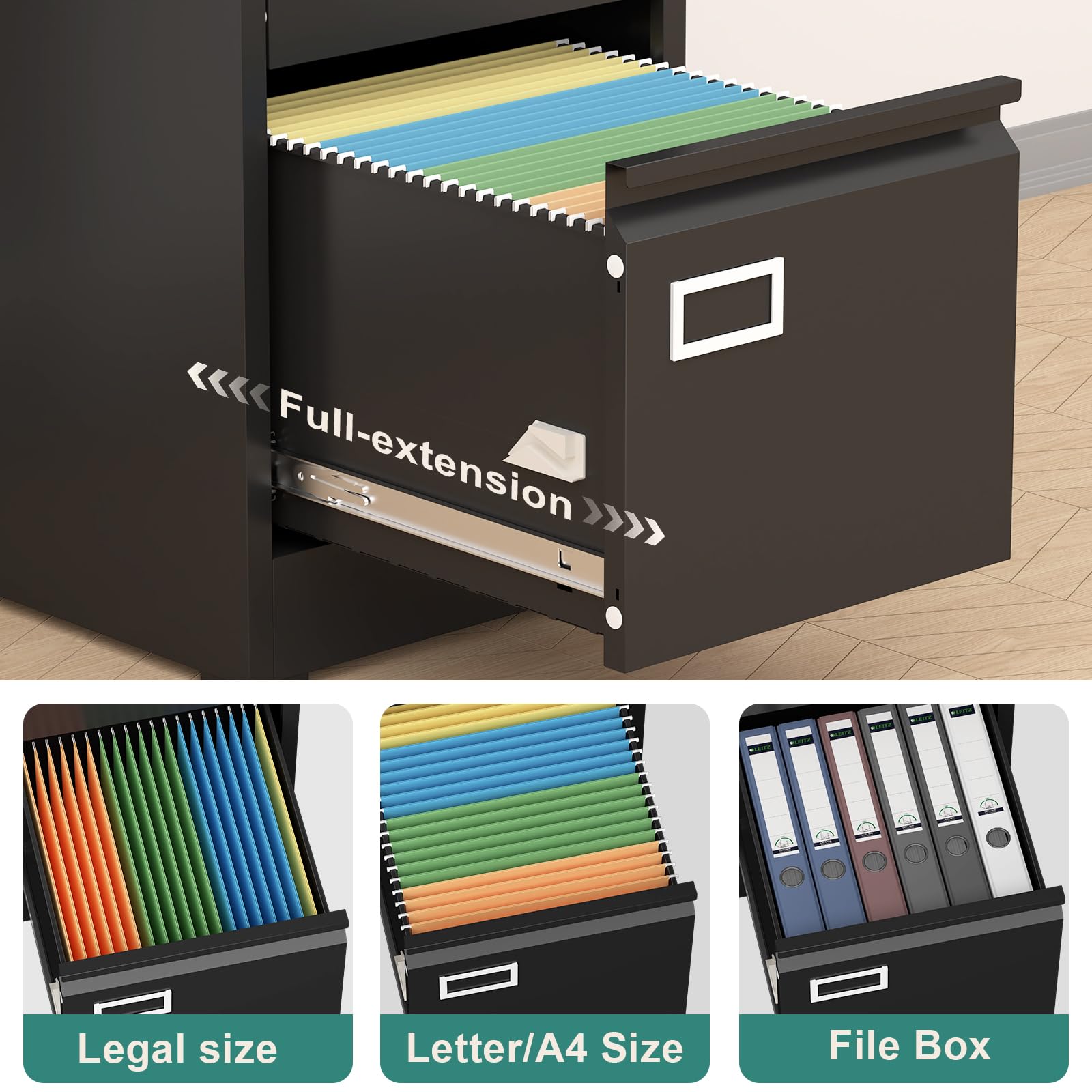 GREATMEET 3 Drawer Mobile File Cabinet with Lock,Under Desk Drawer Metal Filing Cabinet for Legal/Letter Size,Fully Assembled Black