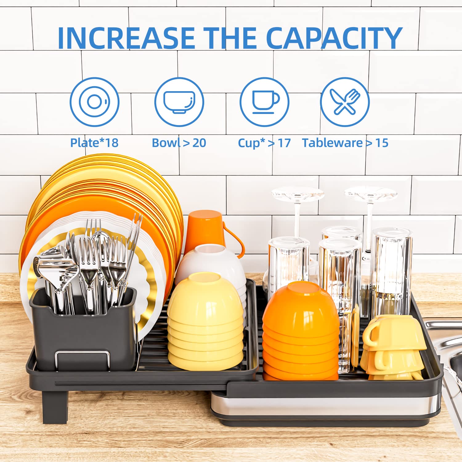 G-TING Dish Drying Rack, Expandable (11.8"-20.5") Large Capacity Dish Rack, Dish Drainer with Stainless Steel Cutlery Rack and Cutlery Bucket, Drying Rack for Kitchen Counter