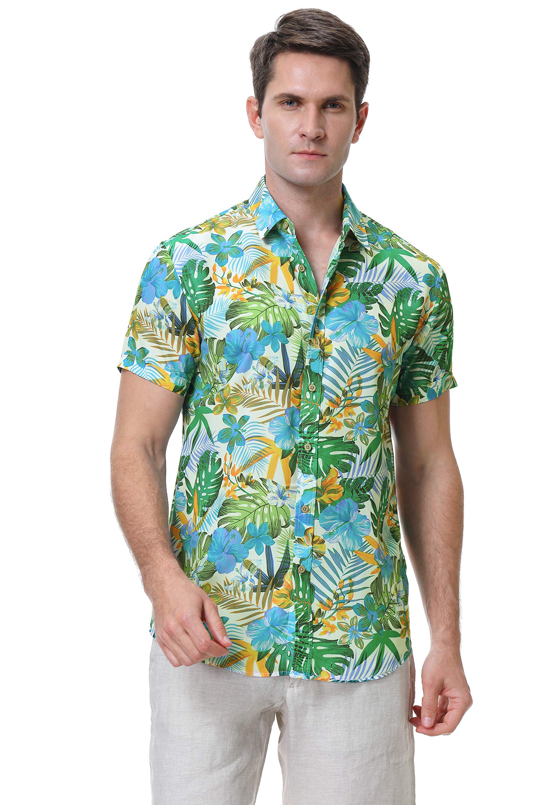 Damipow Hawaiian Shirts for Men Short Sleeve Aloha Beach Shirt Floral Summer Casual Button Down Shirts,White 5,L