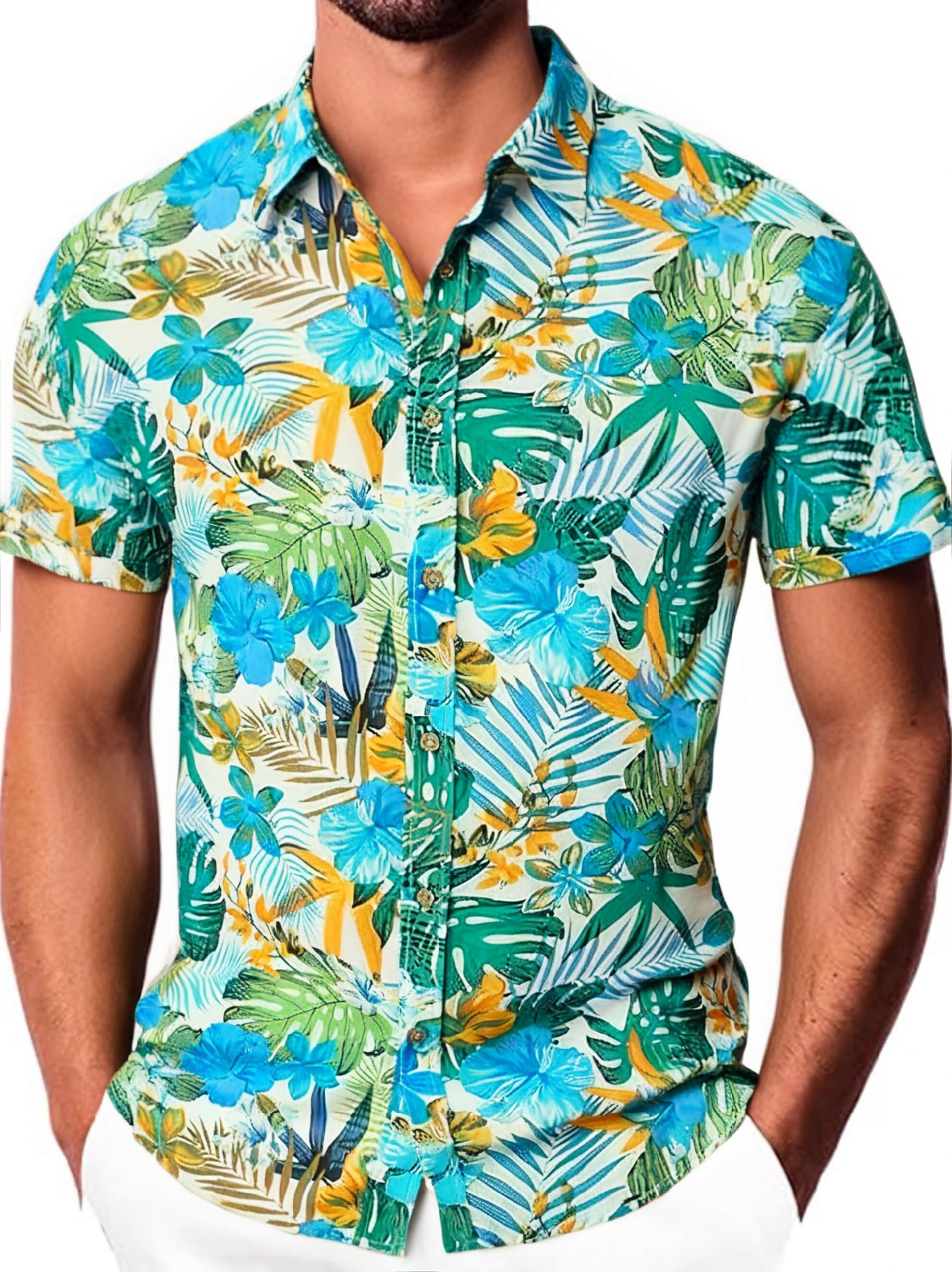 Damipow Hawaiian Shirts for Men Short Sleeve Aloha Beach Shirt Floral Summer Casual Button Down Shirts,White 5,L