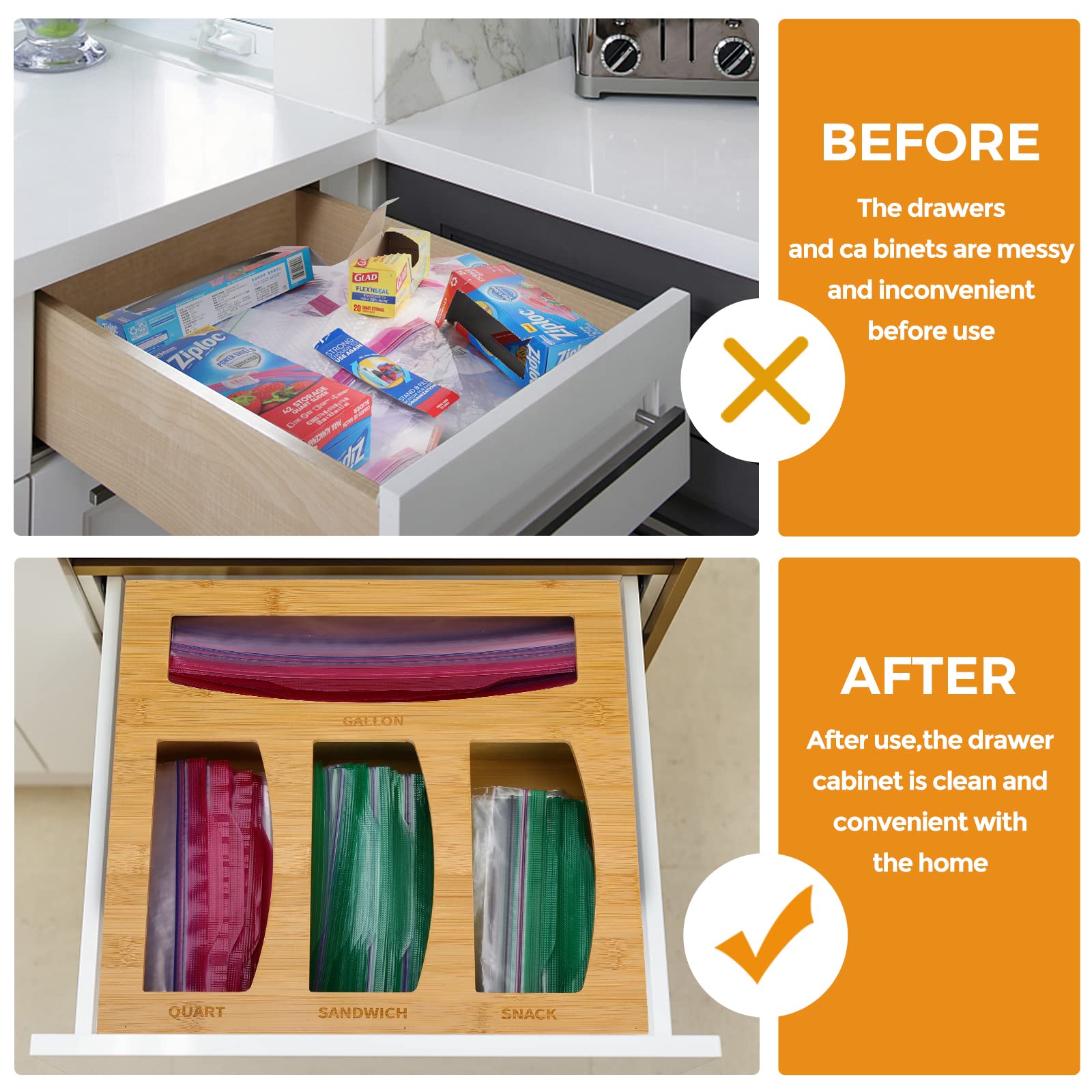 LINNY&SUN Ziplock Bag Storage Organizer for Kitchen Drawer,Bamboo Drawer Organizer for Gallon, Quart, Sandwich, Snack, Slider Bags, Compatible with Ziploc, Glad, Hefty（Drawer Organizer ）