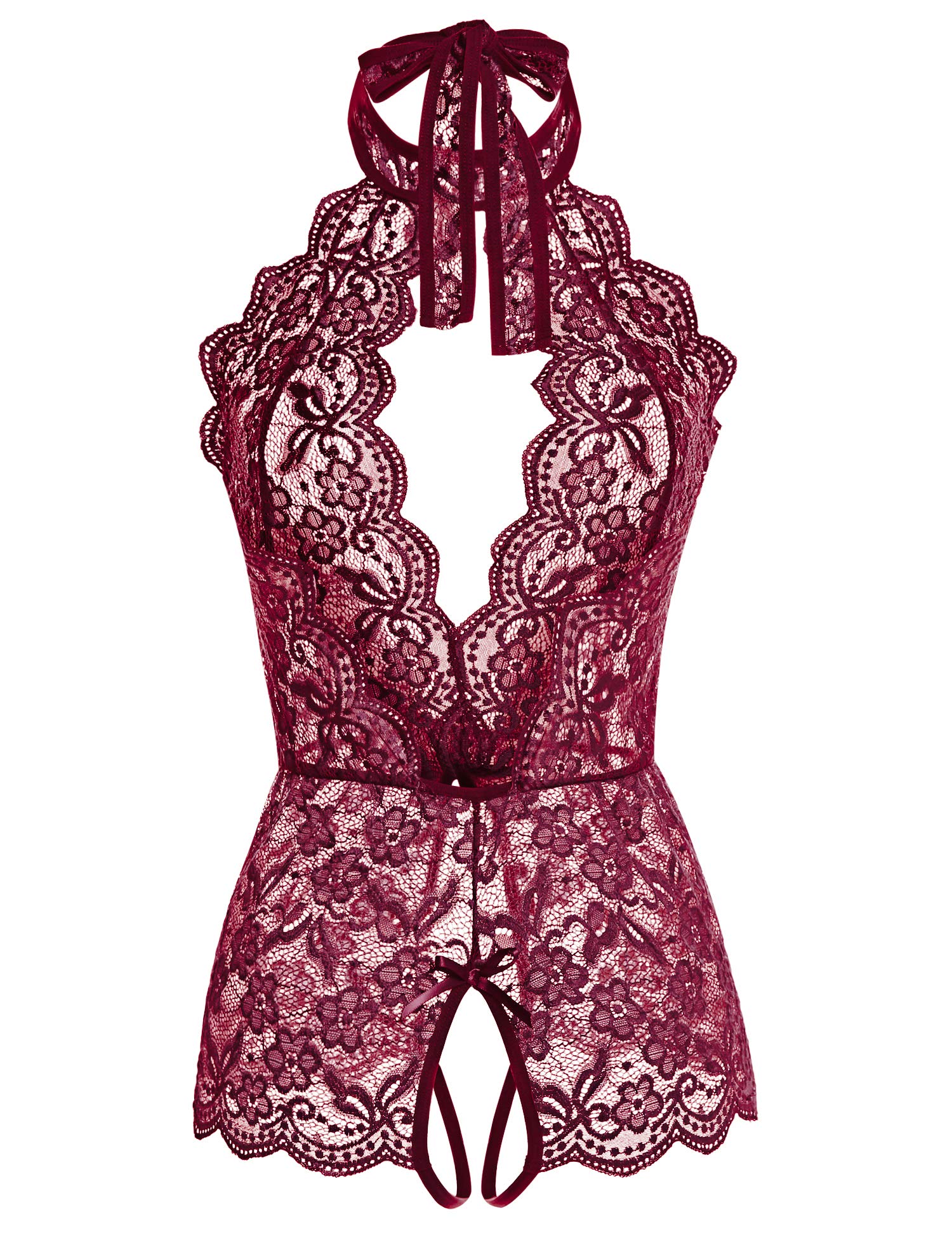 Ababoon Women One Piece Lingerie Lace Sexy Baby Dolls Teddy Sleepwear (Wine Red, L)