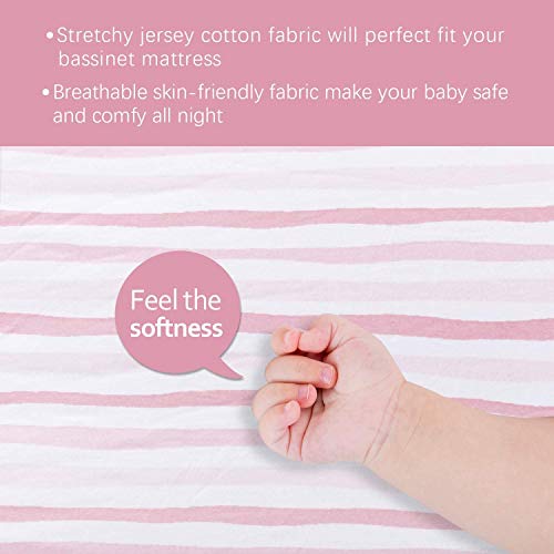 Bassinet Sheets Fits 20" x 30" AMKE, Graco Travel Lite Crib, Maxi-COSI Iora and Simmons Kids Bassinet(not for Twins), 2 Pack, 100% Jersey Cotton, Breathable and Soft, Pink(Envelope Style)