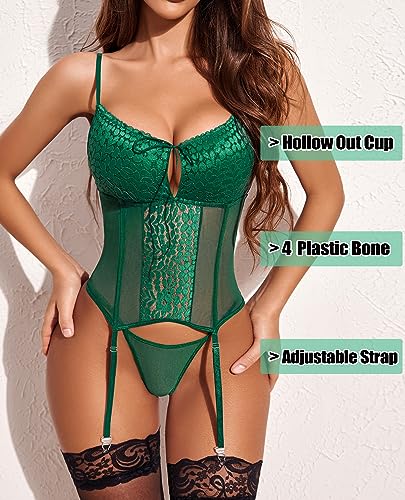 Avidlove Green Lingerie for Women Lace Lingerie Set with Garter Belt Lace Teddy Chemise Set
