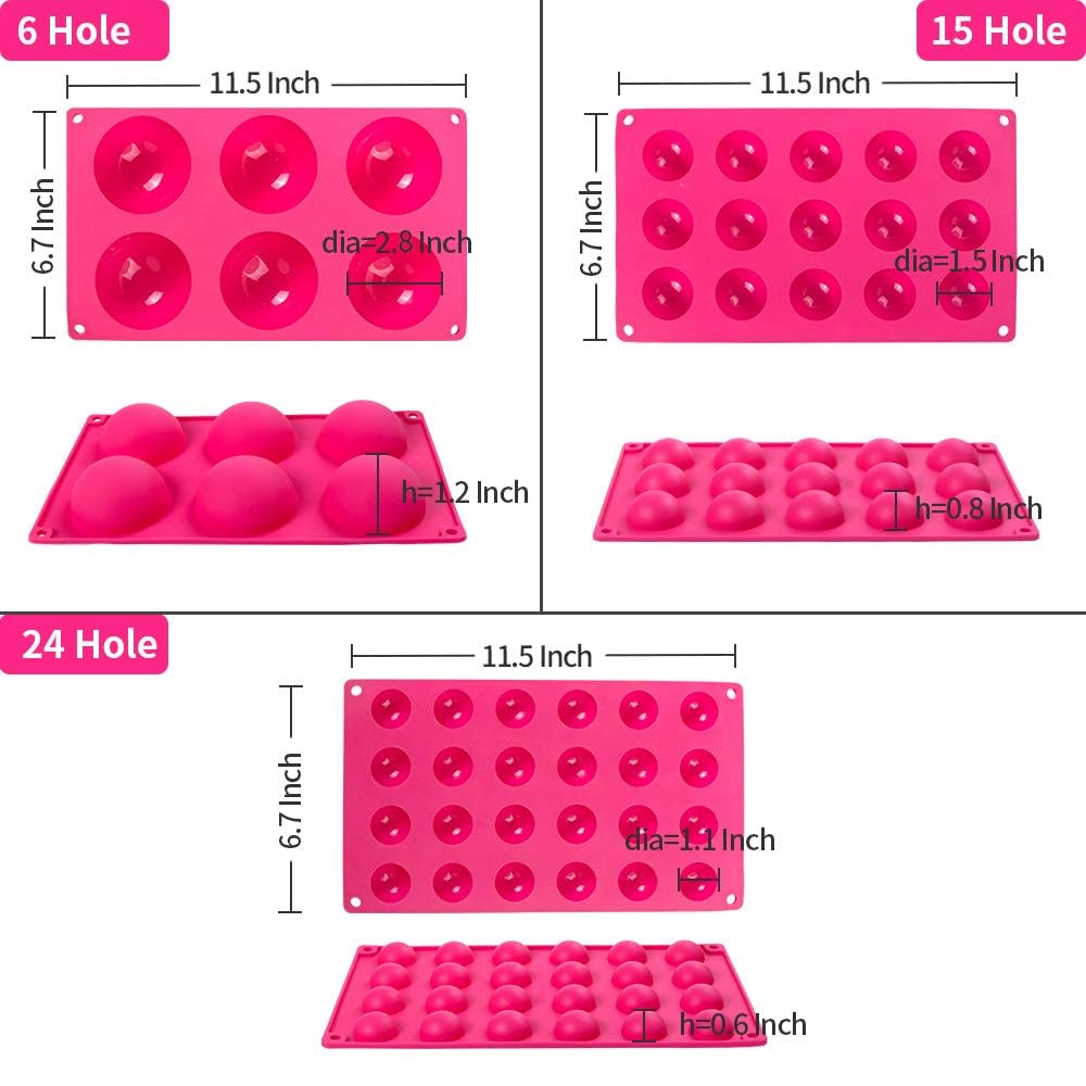 Webake Hot Chocolate Bomb Mold 3 Pack Silicone Round Sphere Baking Mold, Hemisphere Molds For Halloween Eyeball Candy Jello Mousse Cake Decoration, LFGB Grade (6,15 & 24 Holes) Include 2 Filling Scoop