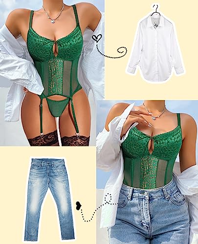 Avidlove Green Lingerie for Women Lace Lingerie Set with Garter Belt Lace Teddy Chemise Set