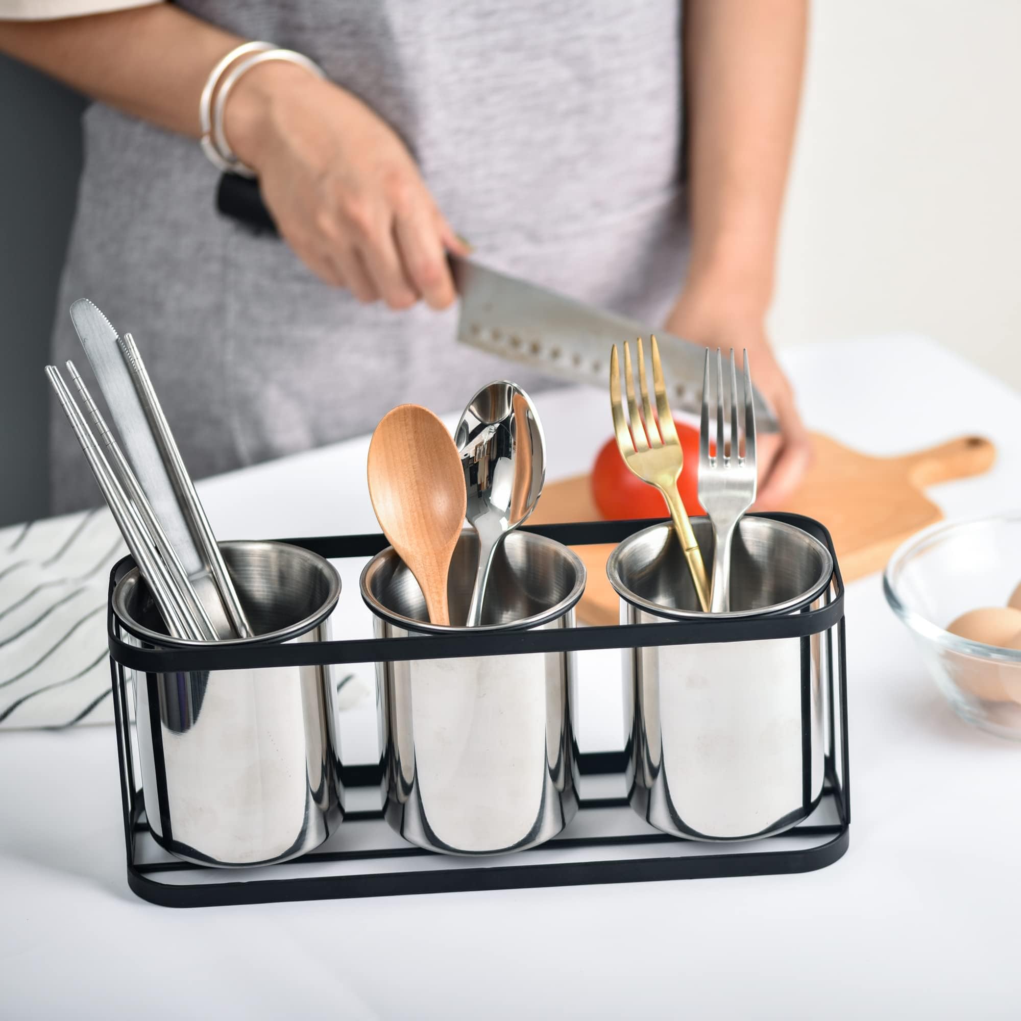 IMEEA Silverware Caddy for Countertop Kitchen Utensil Holder Stainless Steel Utensil Caddy Cutlery Holder with Black Metal Rack