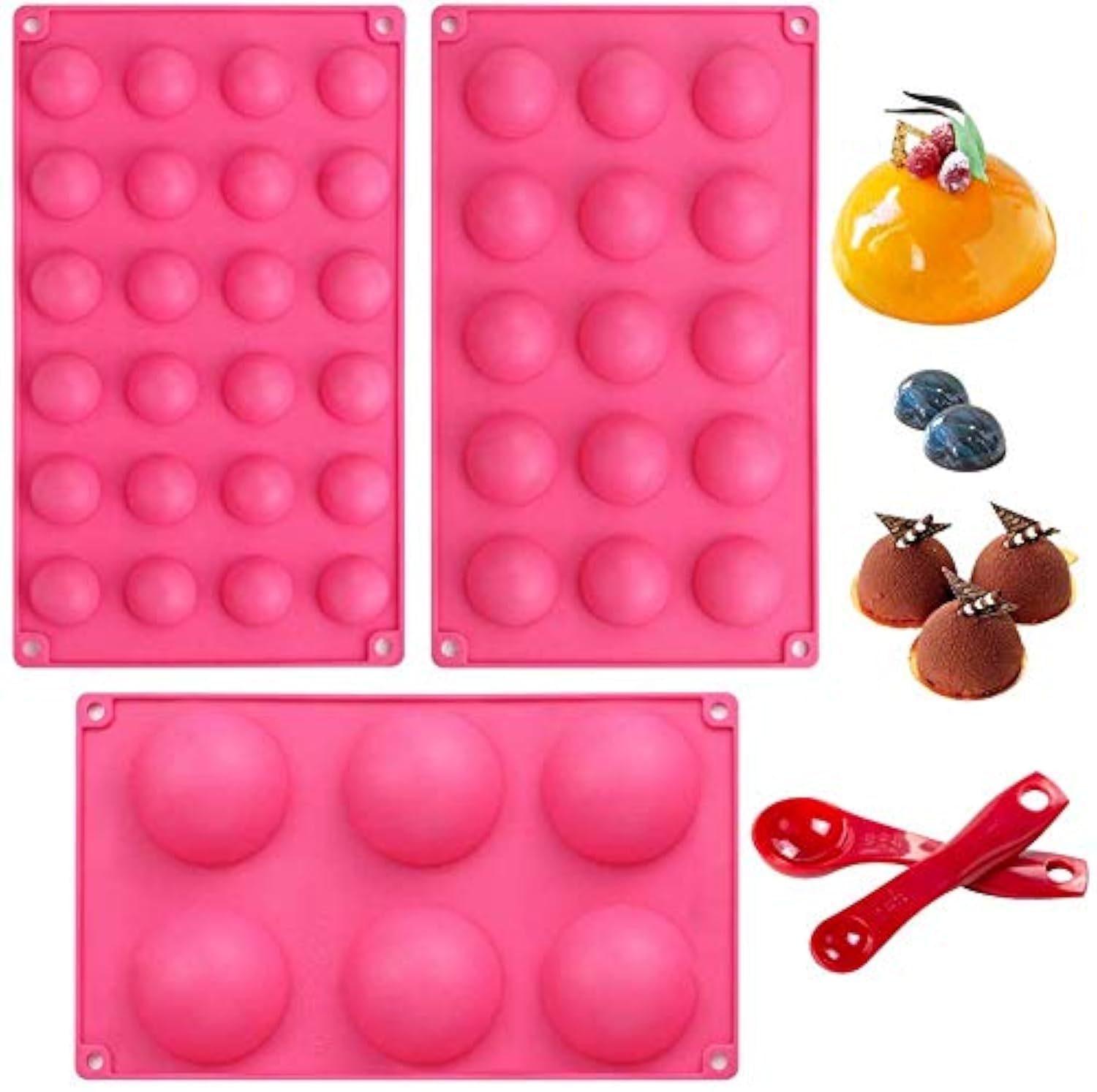 Webake Hot Chocolate Bomb Mold 3 Pack Silicone Round Sphere Baking Mold, Hemisphere Molds For Halloween Eyeball Candy Jello Mousse Cake Decoration, LFGB Grade (6,15 & 24 Holes) Include 2 Filling Scoop