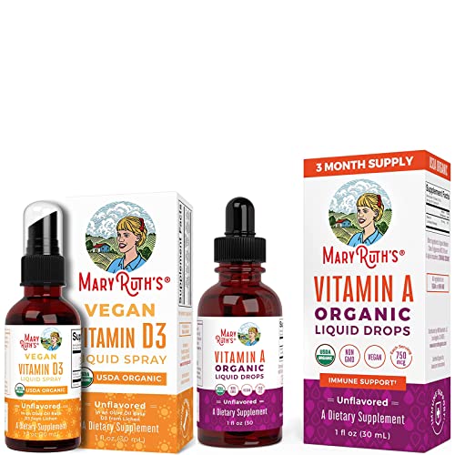 Vegan Liquid Vitamin D3 & USDA Organic Vitamin A Liquid Drops Bundle by MaryRuth's | Immune Support | Eye Health | Skin Health | Sugar Free | Vegan | Non-GMO | Gluten Free.