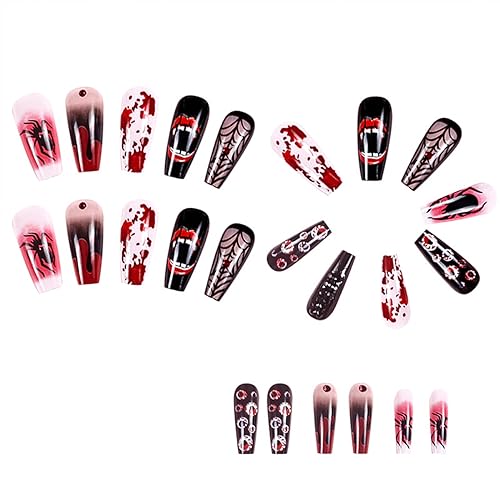 Halloween Long Press on Nails Coffin Fake Nails French Acrylic Nails with Rhinestone Spider Spiderweb Blood Drops Eyeballs Full Cover Horror Pattern Designs Artificial Nails Stick on Nails for Women and Girls 24 Pcs
