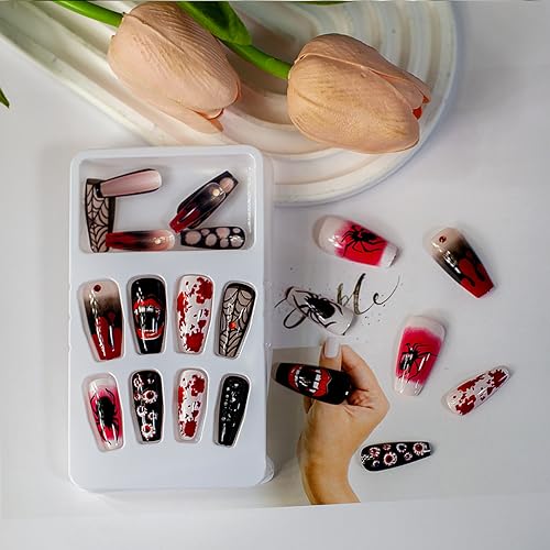 Halloween Long Press on Nails Coffin Fake Nails French Acrylic Nails with Rhinestone Spider Spiderweb Blood Drops Eyeballs Full Cover Horror Pattern Designs Artificial Nails Stick on Nails for Women and Girls 24 Pcs