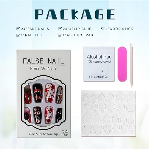 Halloween Long Press on Nails Coffin Fake Nails French Acrylic Nails with Rhinestone Spider Spiderweb Blood Drops Eyeballs Full Cover Horror Pattern Designs Artificial Nails Stick on Nails for Women and Girls 24 Pcs