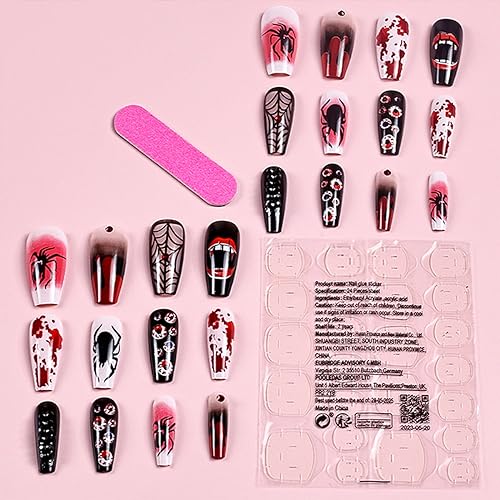 Halloween Long Press on Nails Coffin Fake Nails French Acrylic Nails with Rhinestone Spider Spiderweb Blood Drops Eyeballs Full Cover Horror Pattern Designs Artificial Nails Stick on Nails for Women and Girls 24 Pcs
