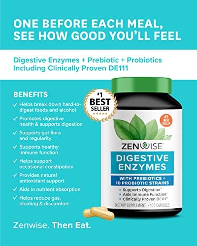 Zenwise Probiotic Digestive Multi Enzymes, Probiotics for Digestive Health, Bloating Relief for Women and Men, Enzymes for Digestion with Prebiotics and Probiotics for Gut Health - 100 Count