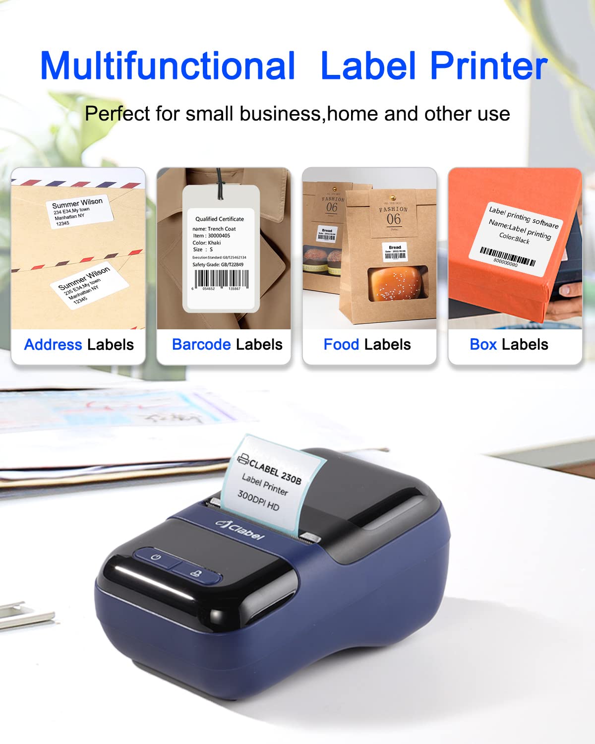 CLABEL Label Maker 300DPI, 230B Portable Barcode Label Printer for Address, Clothing, Retail, Jewelry, QR, Code, Small Business, Compatible with Android & iOS System Use for Home & Office, Black