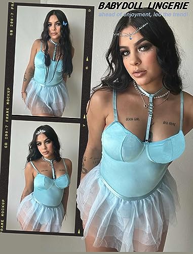 Avidlove Womens Lingerie Sets with Removable Mesh Skirt Sexy Babydoll Lingerie with Snap Crotch(Light Blue,L)