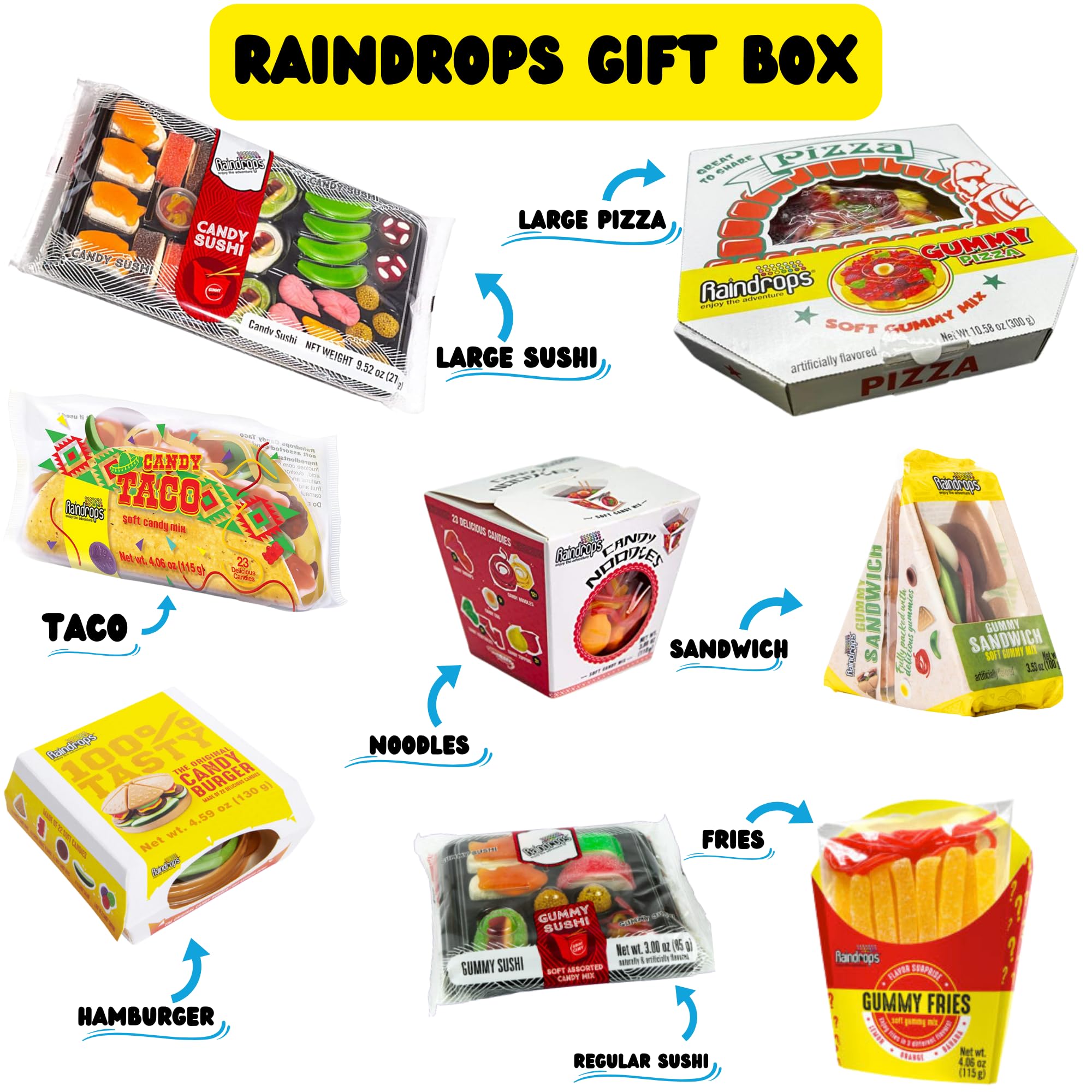 Raindrops – Raindrops Christmas Gift Box – Candy Gift Box – Candy Gift Basket Including Gummy Pizza, Small Sushi, Large Sushi, Hamburger, Noodles, Taco, Sandwich, and Fries – 8 Gummy Candy Assortments