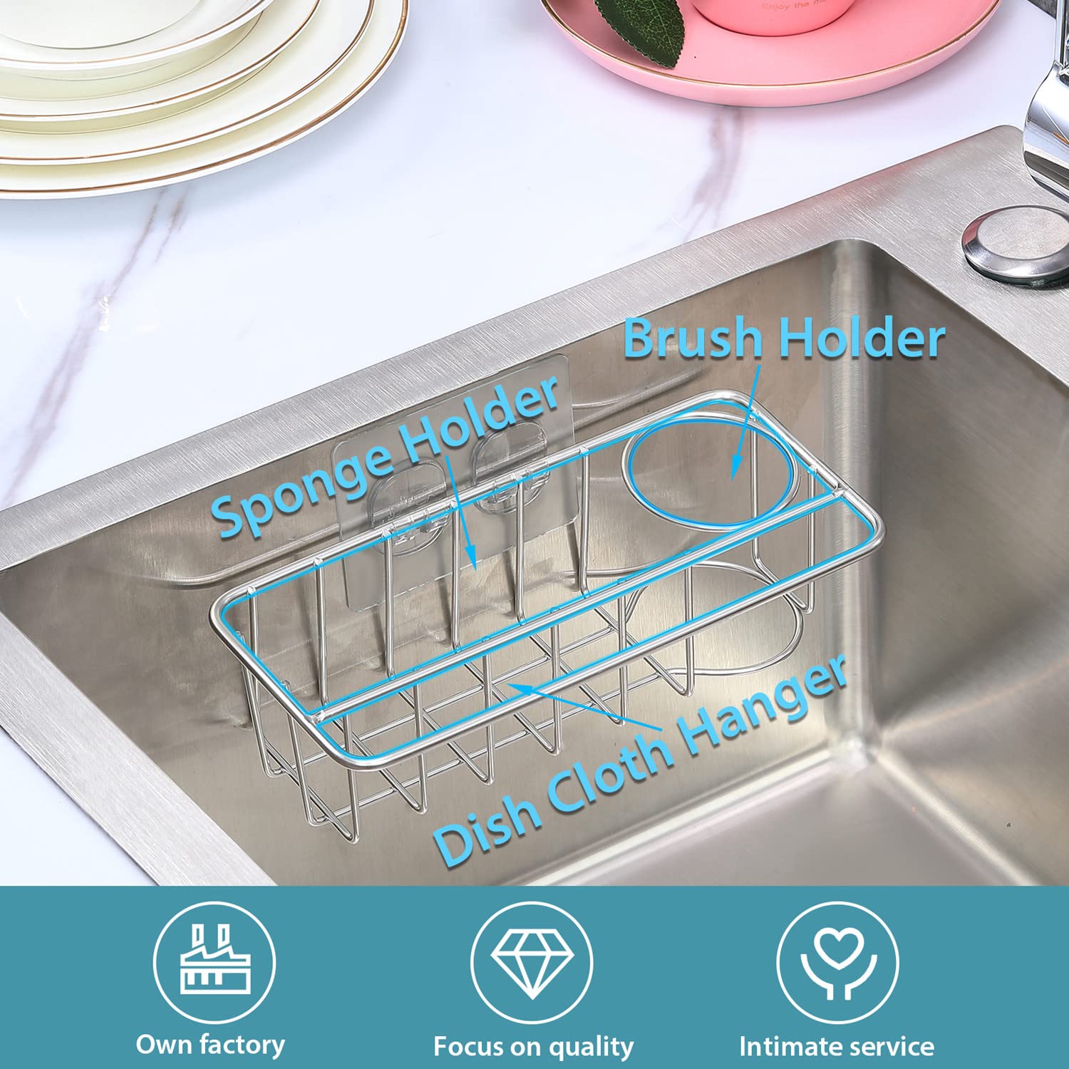 DOLRIS Sponge Holder for Kitchen Sink, Sink Caddy, 3 in 1 Adhesive Sponge Holder + Brush Holder + Dish Cloth Hanger, SUS304 Stainless Steel Rustproof, No Drilling, Silver