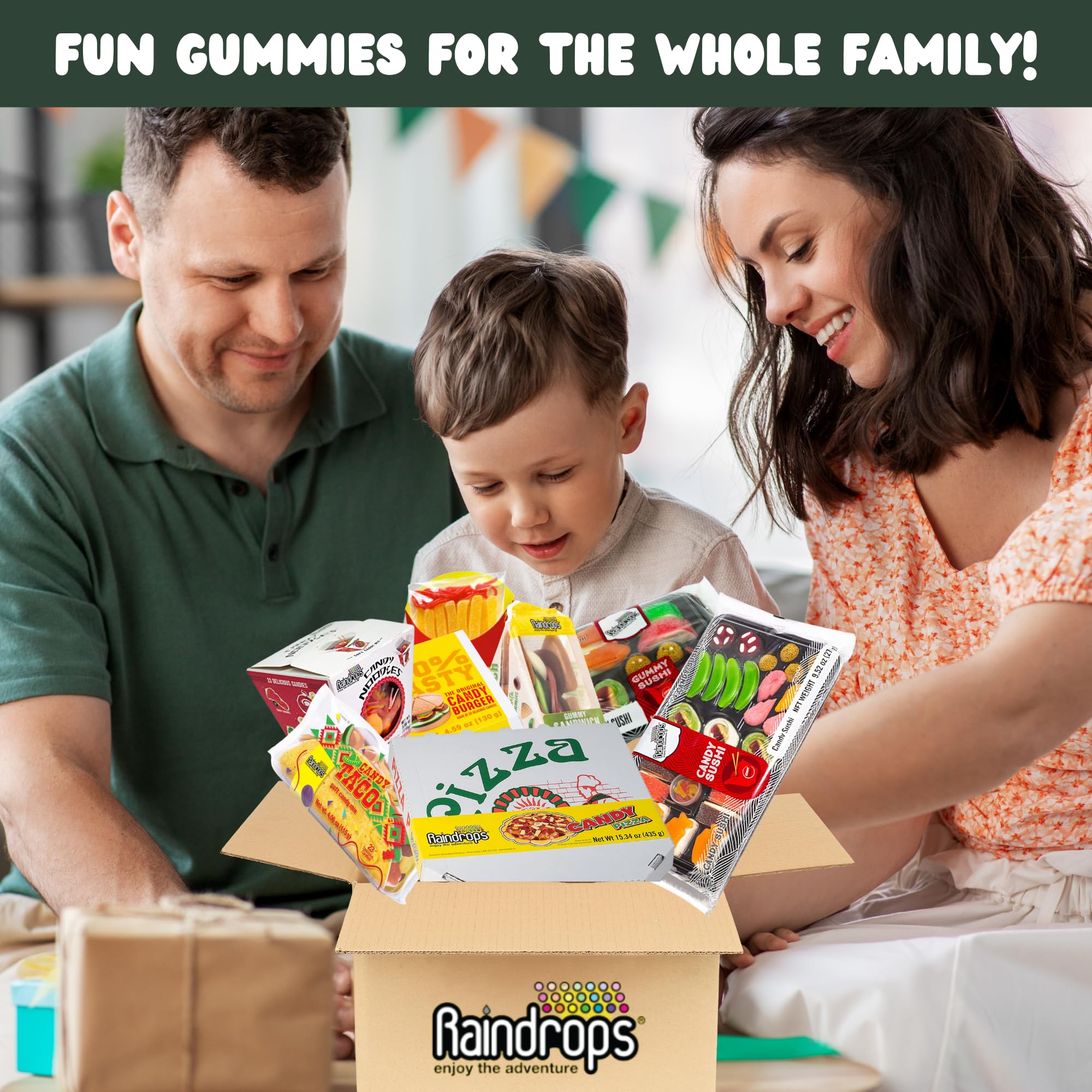Raindrops – Raindrops Christmas Gift Box – Candy Gift Box – Candy Gift Basket Including Gummy Pizza, Small Sushi, Large Sushi, Hamburger, Noodles, Taco, Sandwich, and Fries – 8 Gummy Candy Assortments