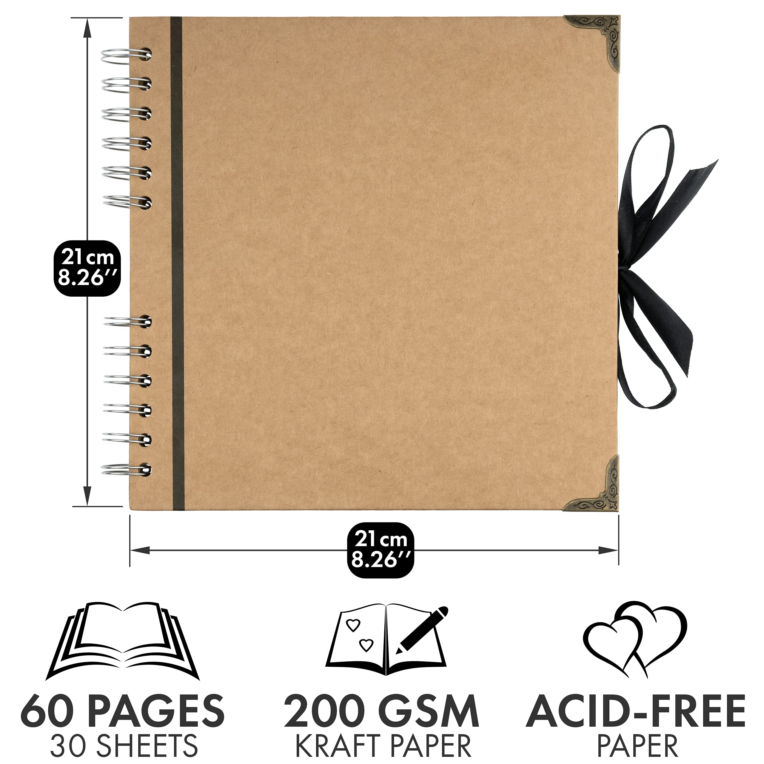 Bstorify Scrapbook Album 60 Pages (8 x 8 inch) Brown Thick 200gsm Kraft Paper, Scrap Book with Corner Protectors, Ribbon Closure - Ideal for Your Scrapbooking Albums, Art & Craft Projects