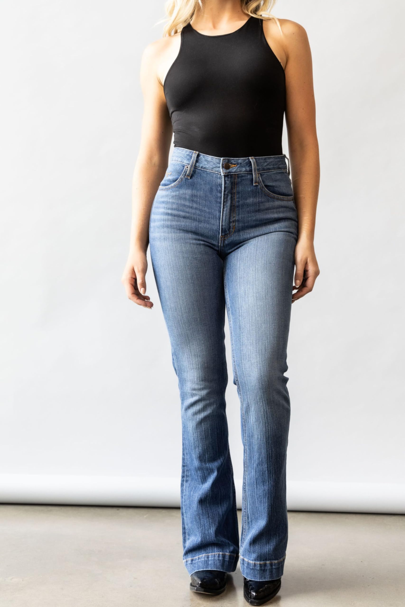 Kimes Ranch Women's Jennifer Casual Durable Western Ultra-High Rise & Wide Flare Leg Mid Wash Denim Jeans, 8-34