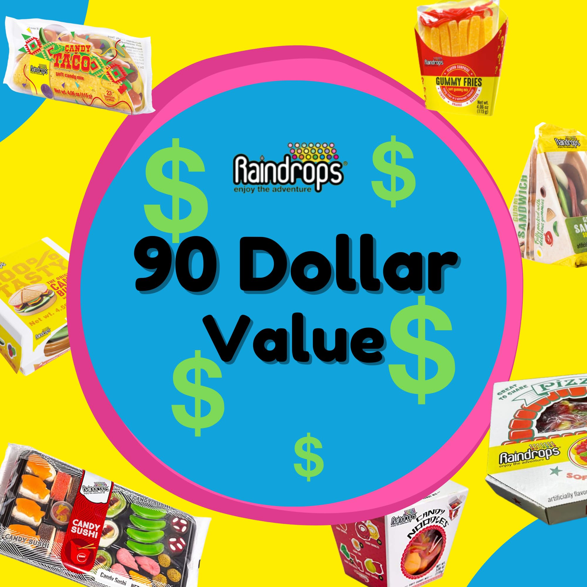 Raindrops – Raindrops Christmas Gift Box – Candy Gift Box – Candy Gift Basket Including Gummy Pizza, Small Sushi, Large Sushi, Hamburger, Noodles, Taco, Sandwich, and Fries – 8 Gummy Candy Assortments